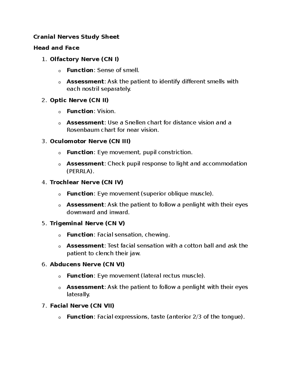 Cranial Nerves Study Sheet (CN I-VII) for Head and Face - Studocu