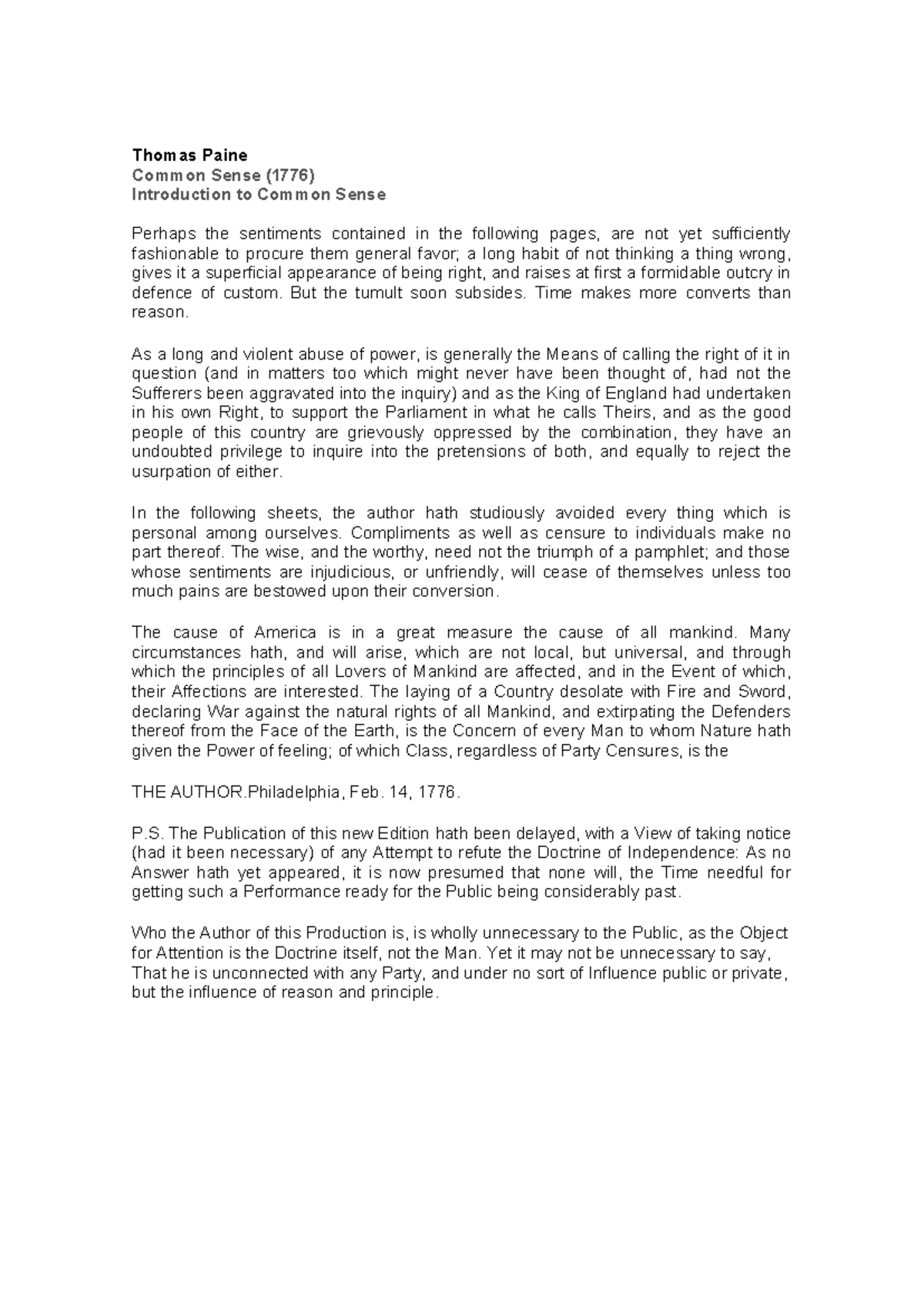 Thomas Paine - Common Sense (1776) Commentary and Analysis - Studocu