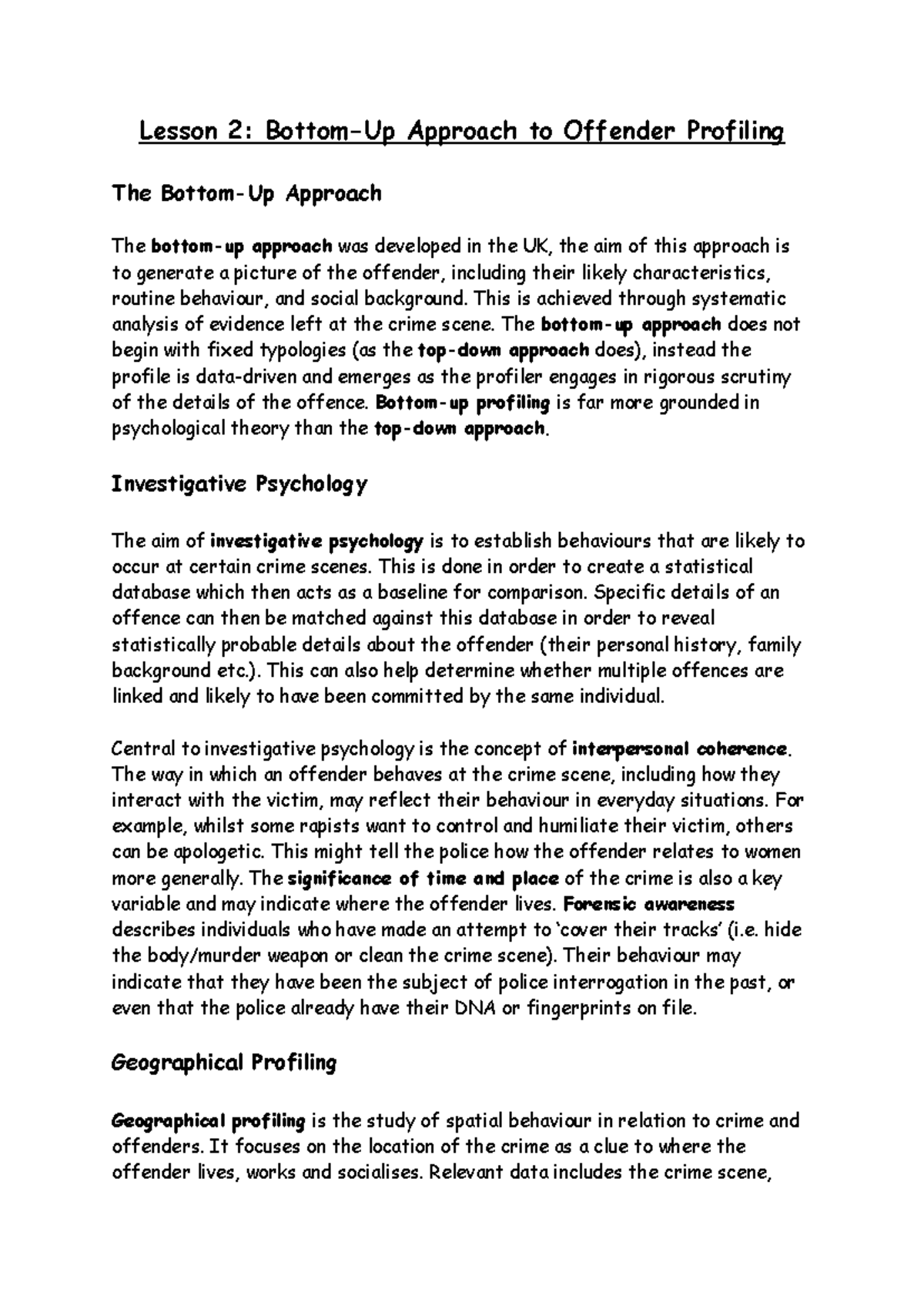 Lesson 2 - Bottom-Up Approach to Offender Profiling (Psychology) - Studocu