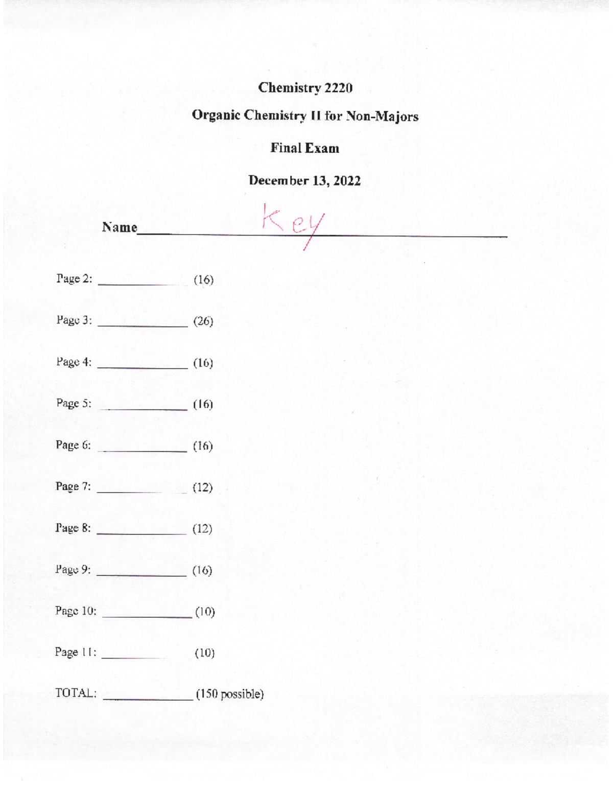 Chem 2220 Fall 2022 Final Exam Answer Key and Solutions - Studocu