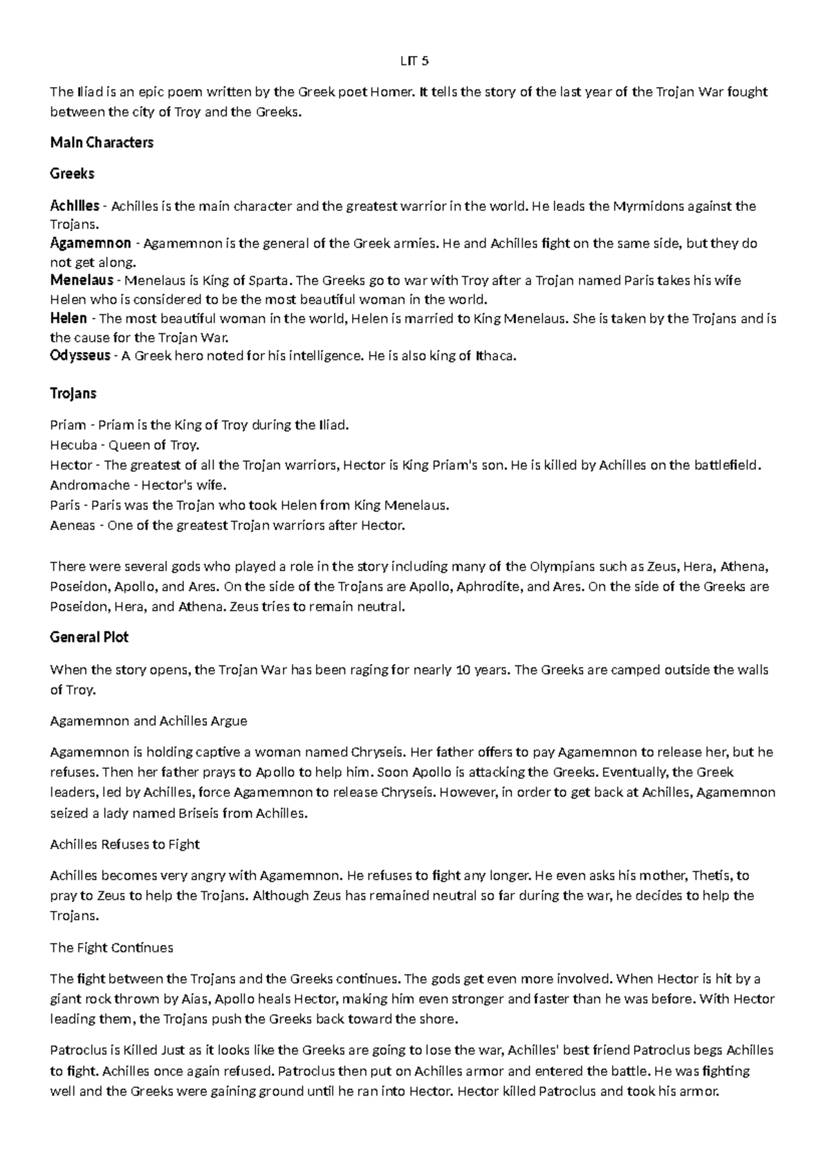 LIT 5 - The Iliad: Key Characters and Moral Lessons - Studocu
