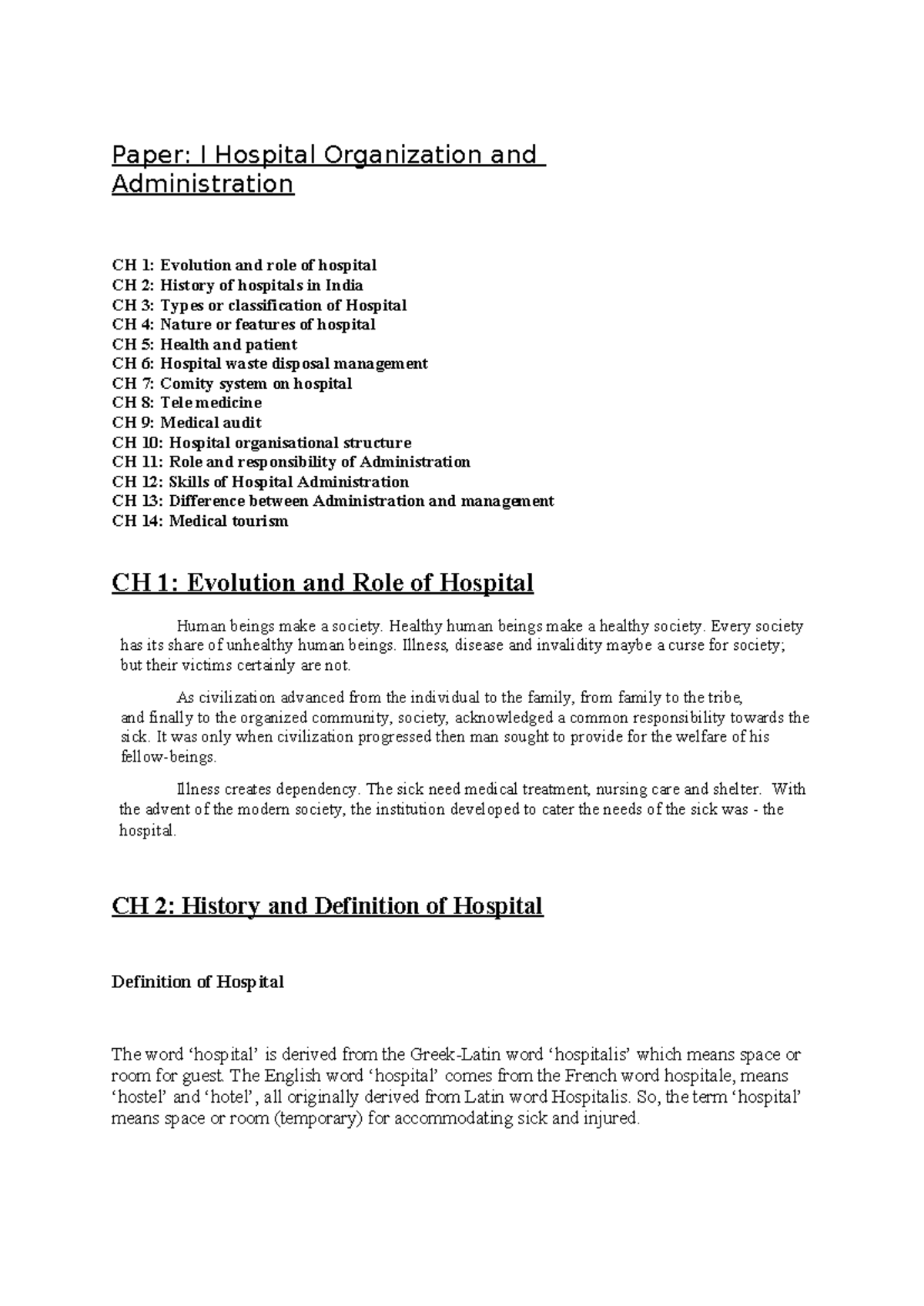 Paper 1: Hospital Organization & Administration Overview - Studocu