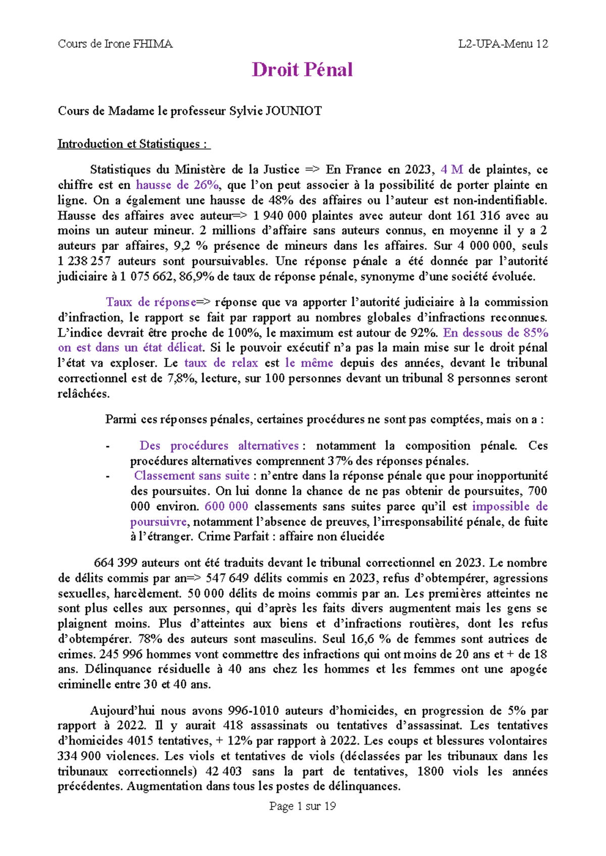 Droit Pénal-CM - Cours approximatif - Droit Pénal Cours de Madame le ...