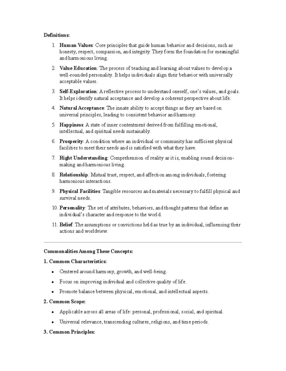UHV Module 1 - UHV - Definitions: 1. Human Values: Core principles that ...