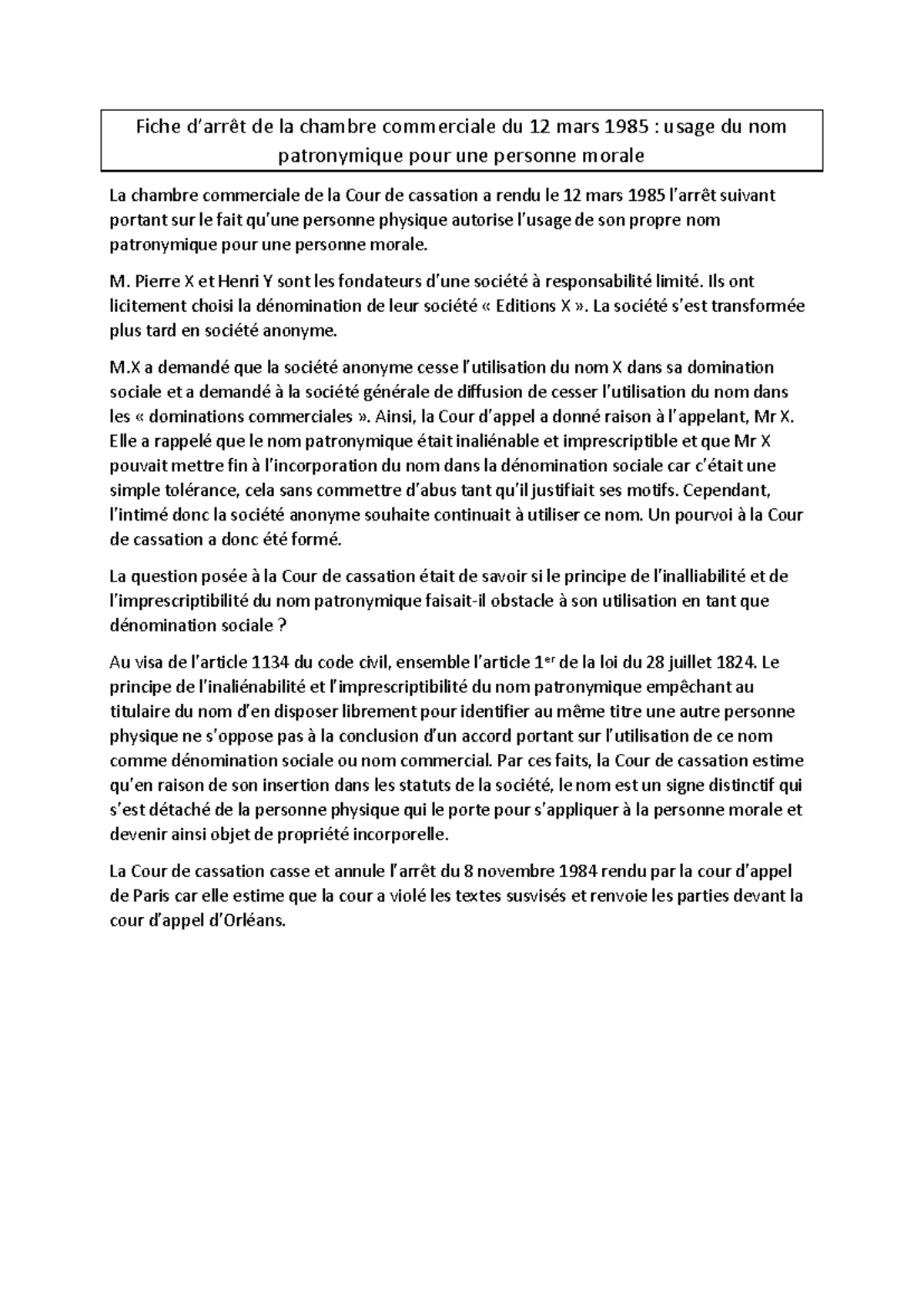 Fiche d’arrêt CC 12 mars 1985 : Usage du nom patronymique - Studocu