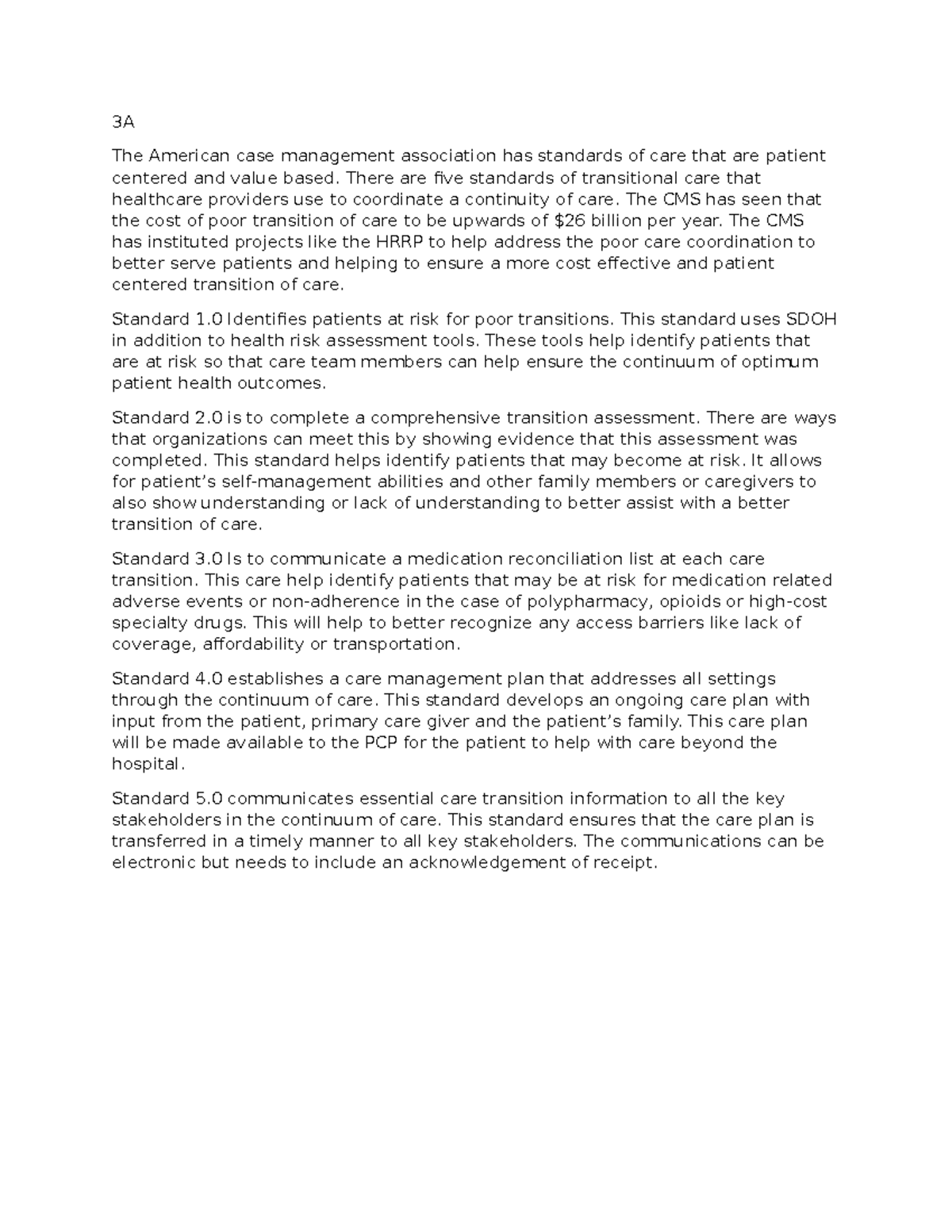 3A - Five Standards of Transitional Care in Patient Management - Studocu