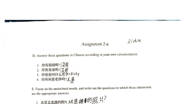 Chinese Writing Assignment D: Family and Translation Exercises - Studocu