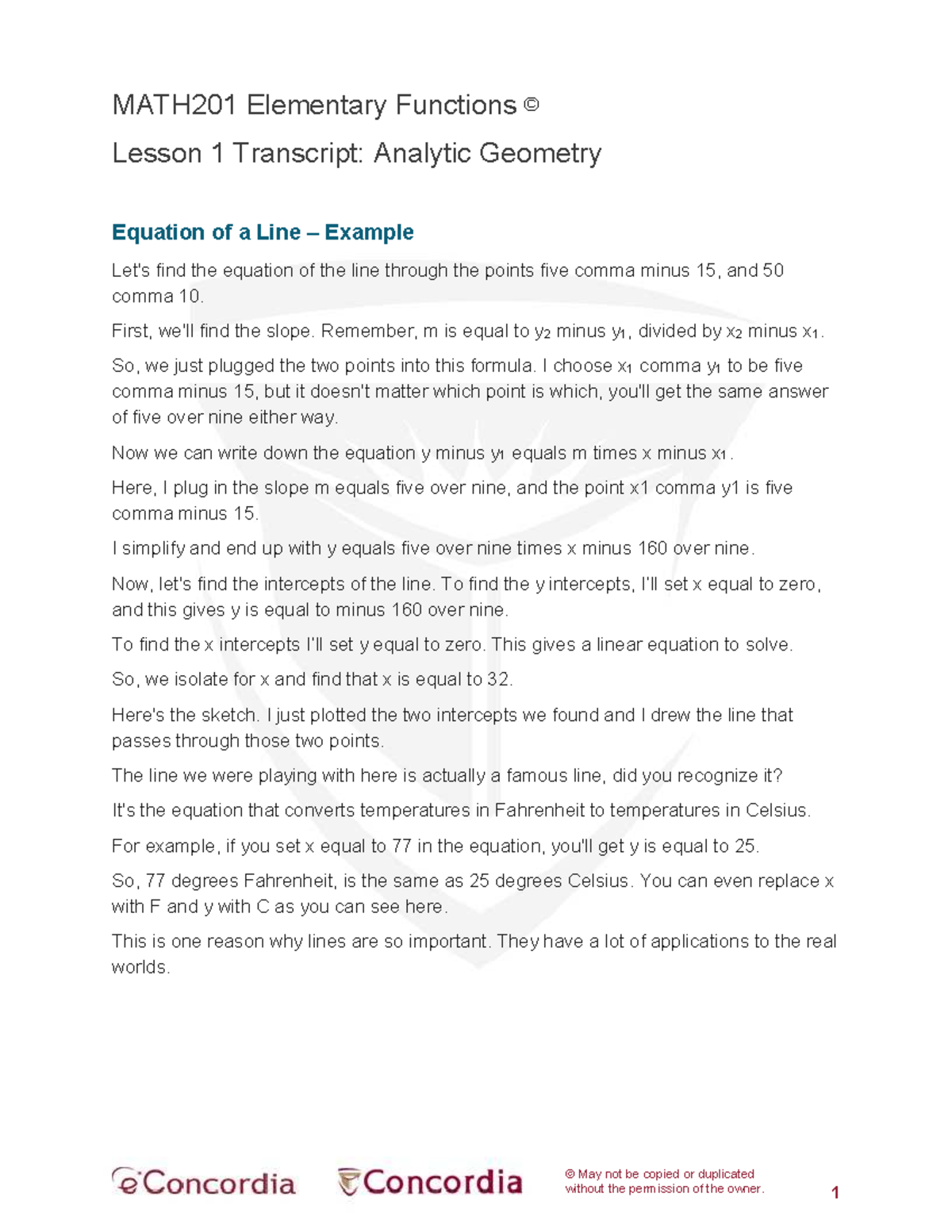 MATH201 Elementary Functions Lesson 1: Equation of a line example - Studocu