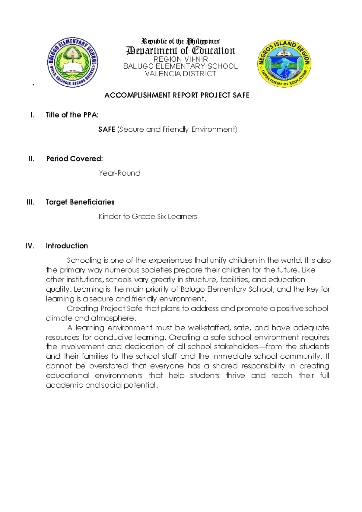 Project SAFE Accomplishment Report: Enhancing School Environment - Studocu