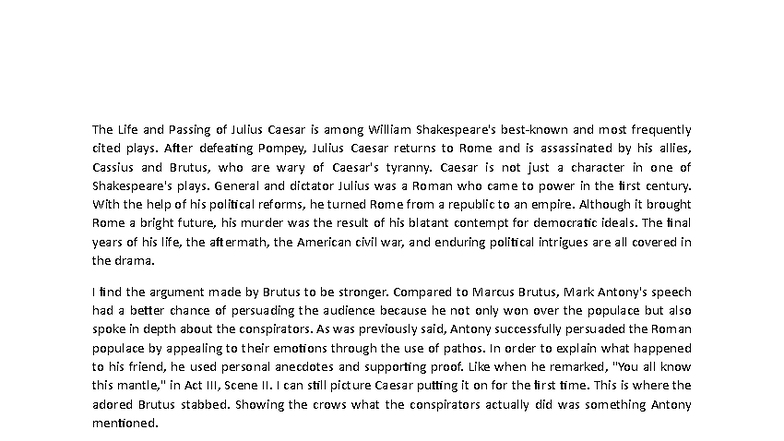 ENG 201: Essay Notes on The Life and Death of Julius Caesar - Studocu
