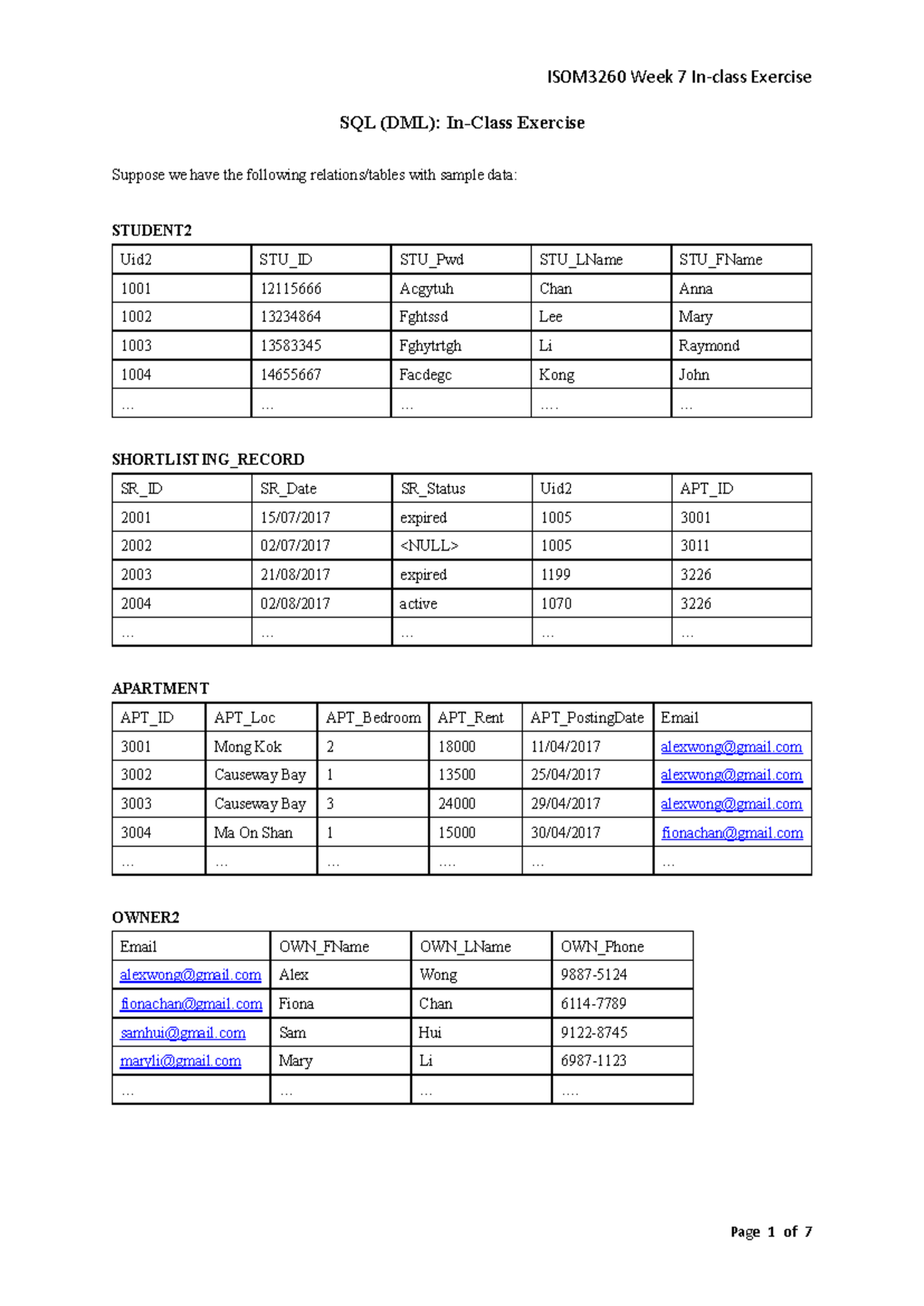 Week 7 SQL In-Class Activities Solutions (SQL101) - Studocu