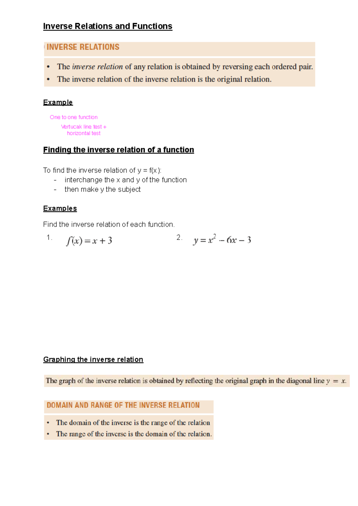 Inverse Relations and Functions: One-to-One Function Tests - Studocu