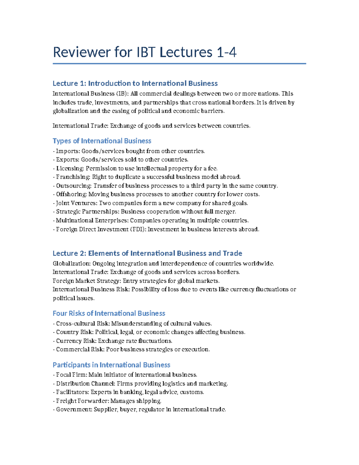 IBT Reviewer: Lectures 1-4 on International Business Concepts - Studocu