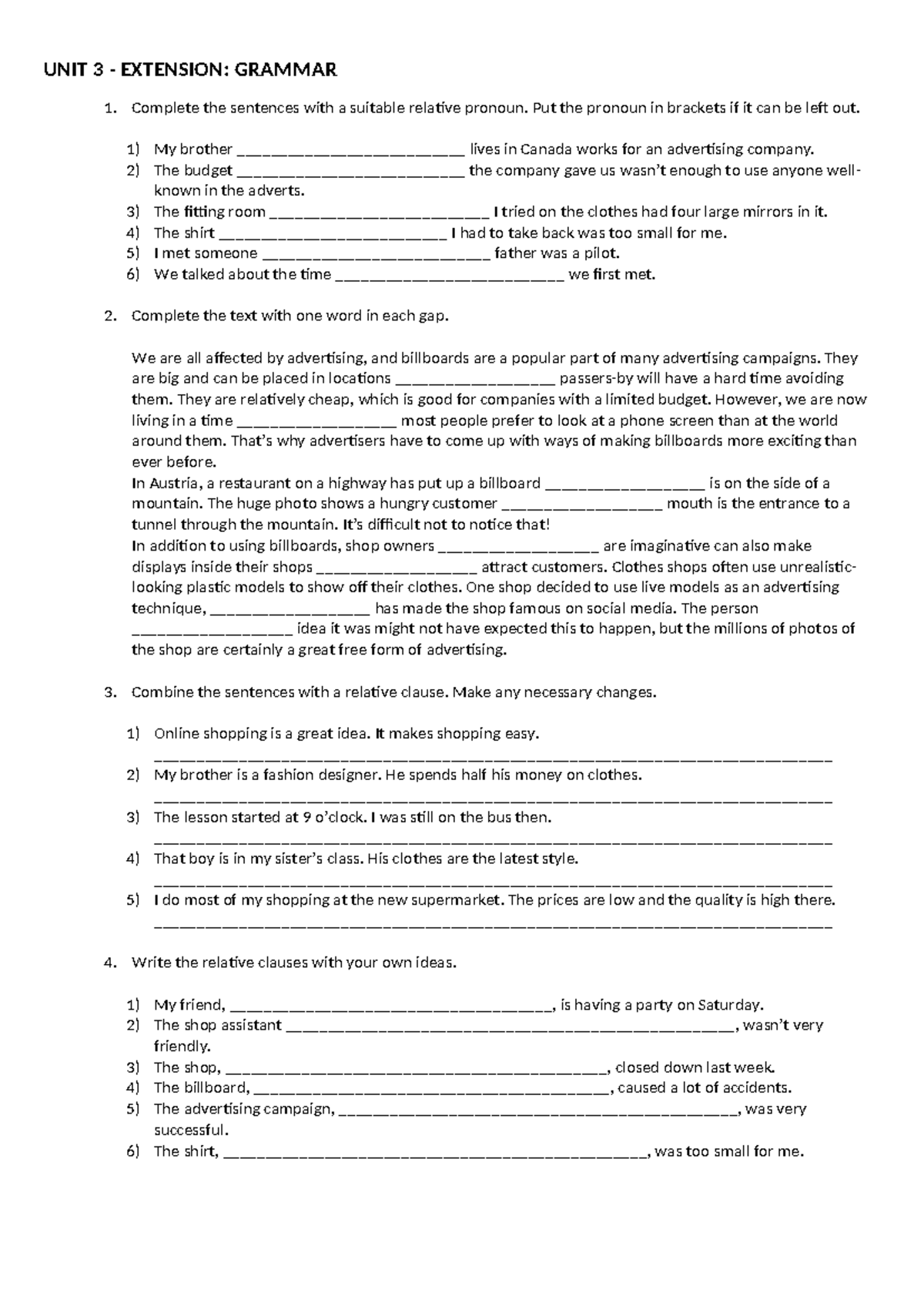 Unit 3 Extension: Grammar Exercises on Relative Pronouns - Studocu