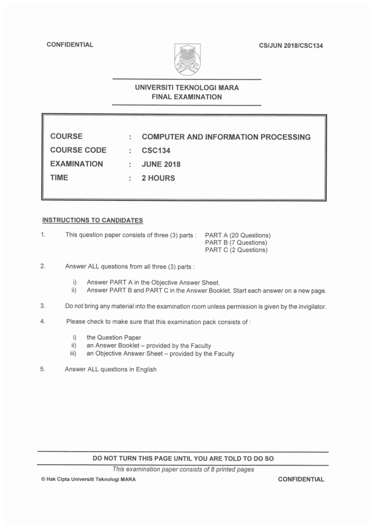 CSC134 - This question paper consists of three (3) parts : PART A (20 ...