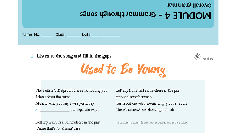 MODULE 4: Grammar Through Songs - "Used to Be Young" Analysis - Studocu