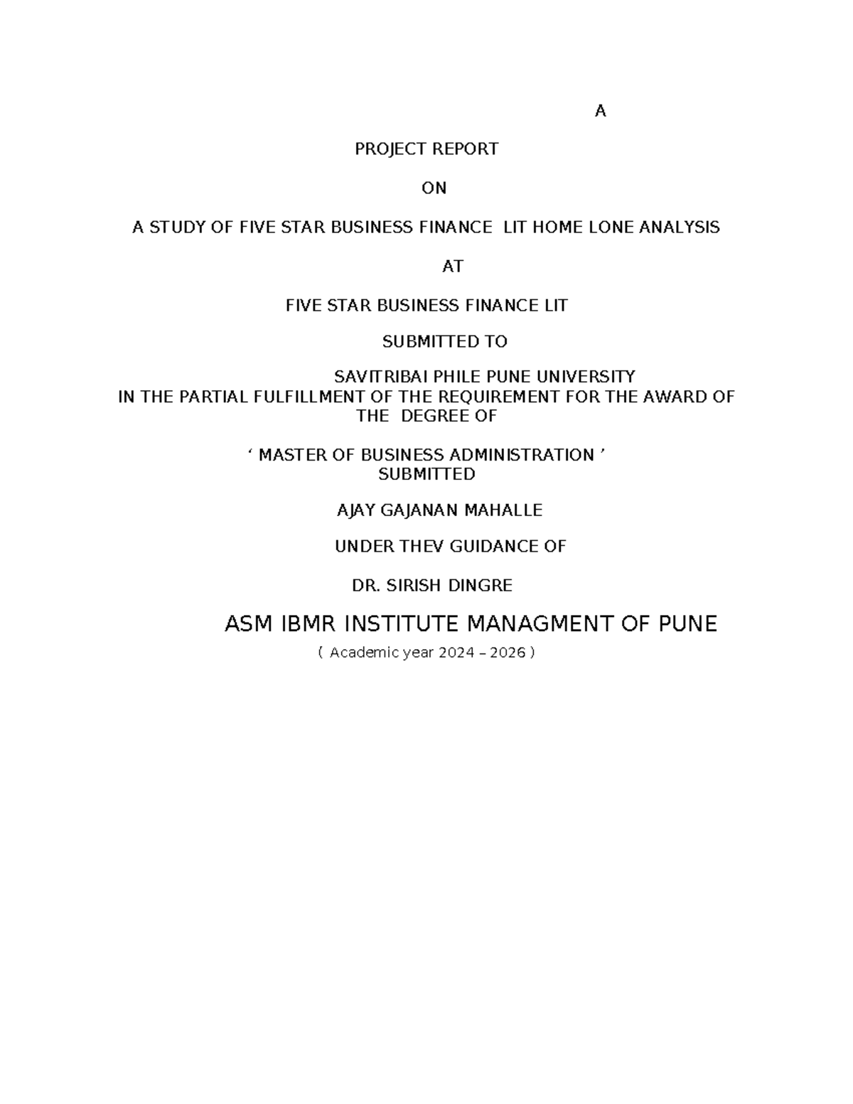 A project report on five star business finance home loan analysis (MBA ...