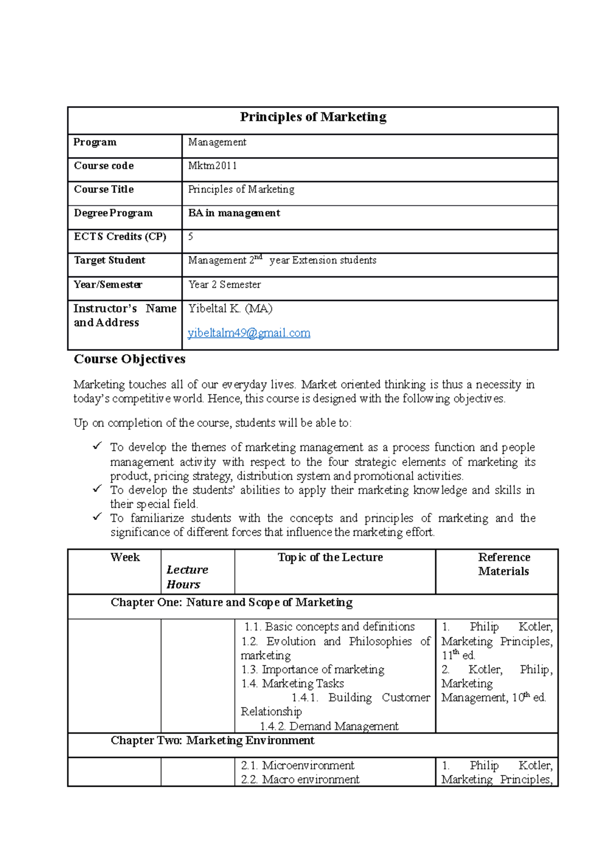 Principles of Marketing course outline Extension - Principles of ...