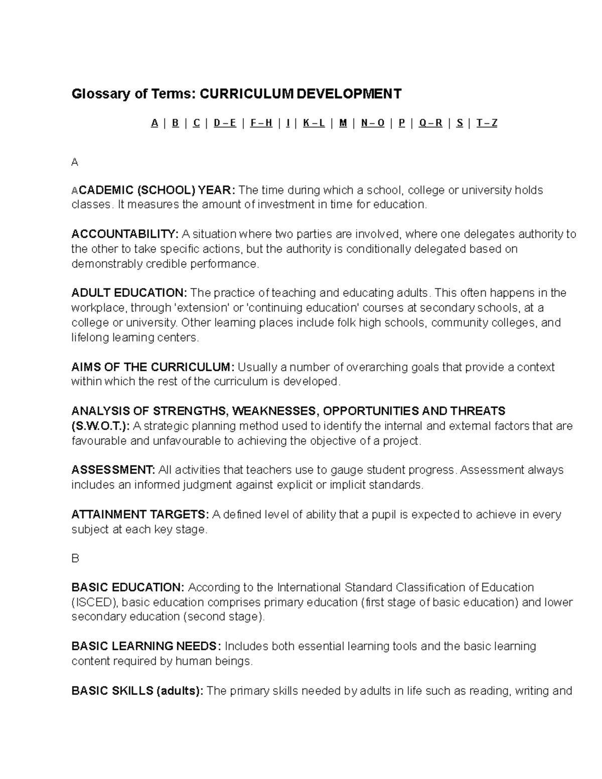 Curriculum Development: Comprehensive Glossary of Terms - Studocu