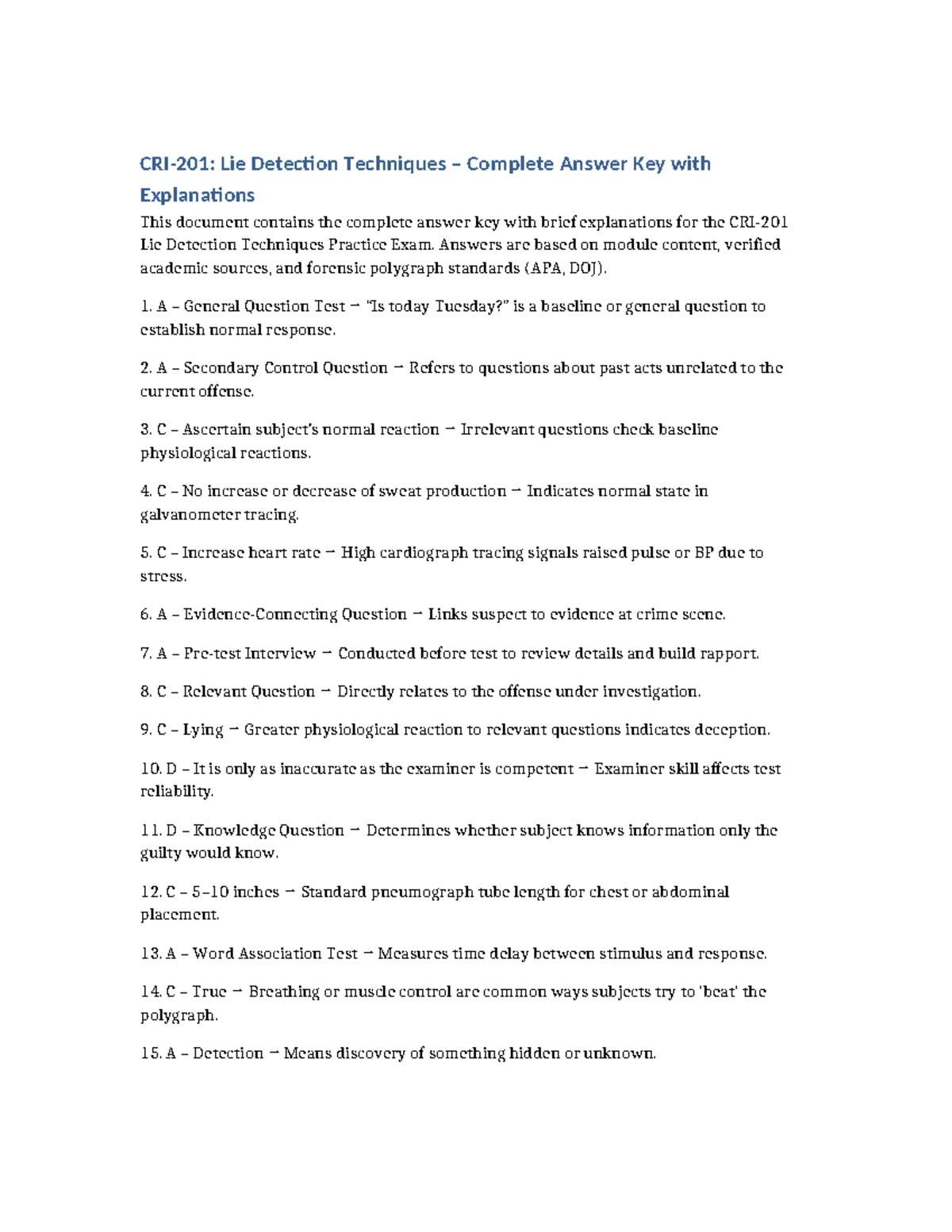 CRI-201 Lie Detection Techniques Complete Answer Key with Explanations ...