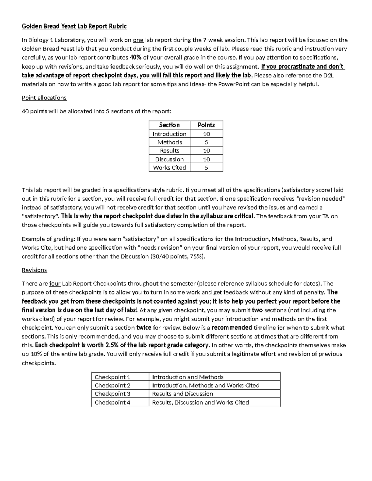 Biology 1 Lab Report Rubric: Golden Bread Yeast Experiment - Studocu