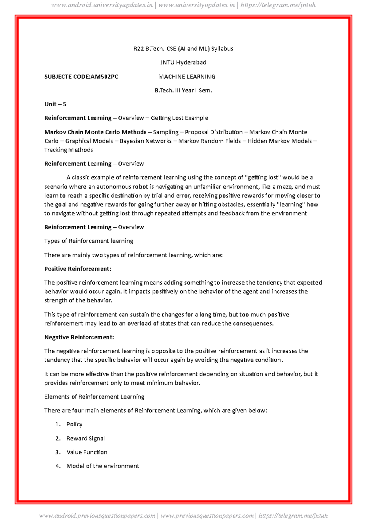 ML Unit 5: Reinforcement Learning & Monte Carlo Methods Overview - Studocu