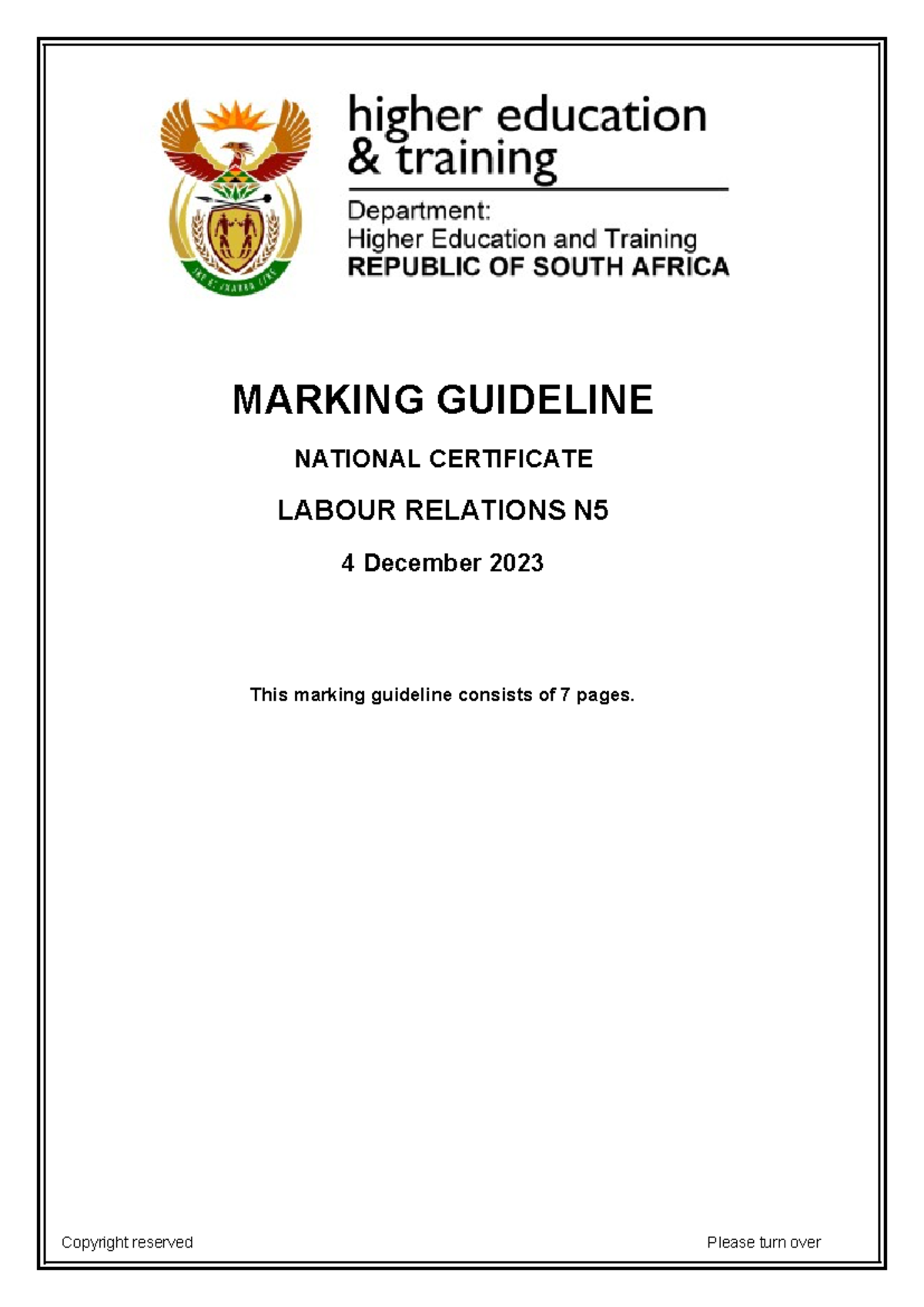 N960 - Labour Relations N5 Marking Guideline Memo December 2023 - Studocu