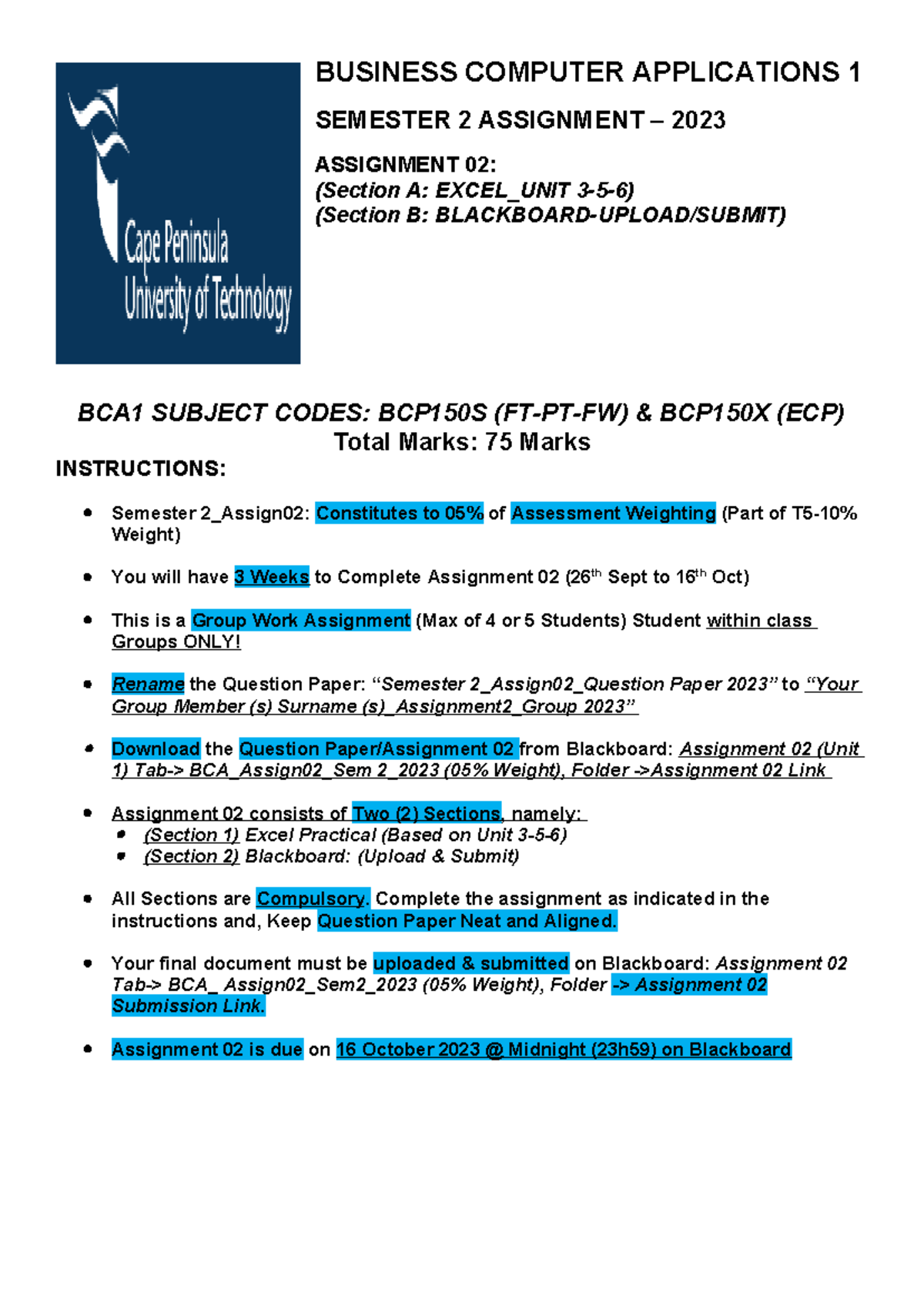BCA1 Assignment 02: Excel Practical & Group Work - Sem 2 2023 - Studocu