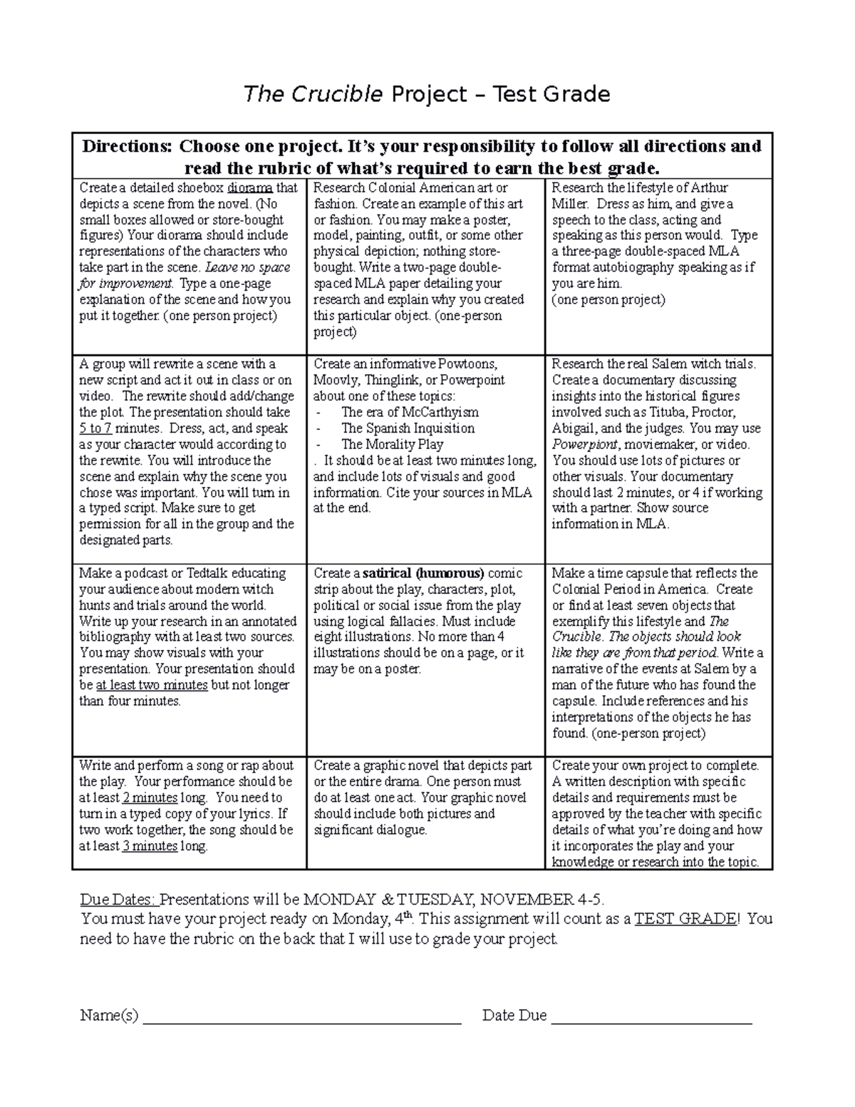 Crucible Choice Board - The Crucible Project – Test Grade Directions ...