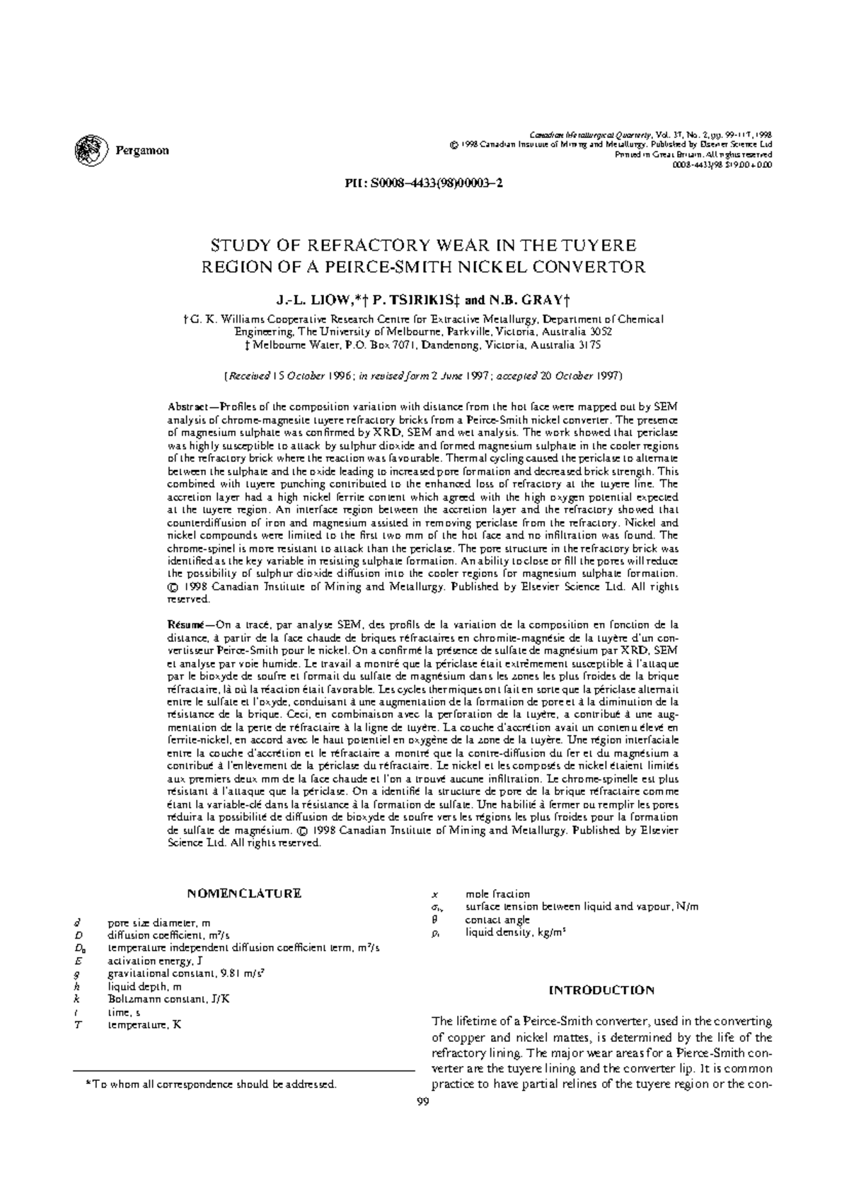 (1998) Study of refractory wear in the tuyere region of a peirce-smith ...