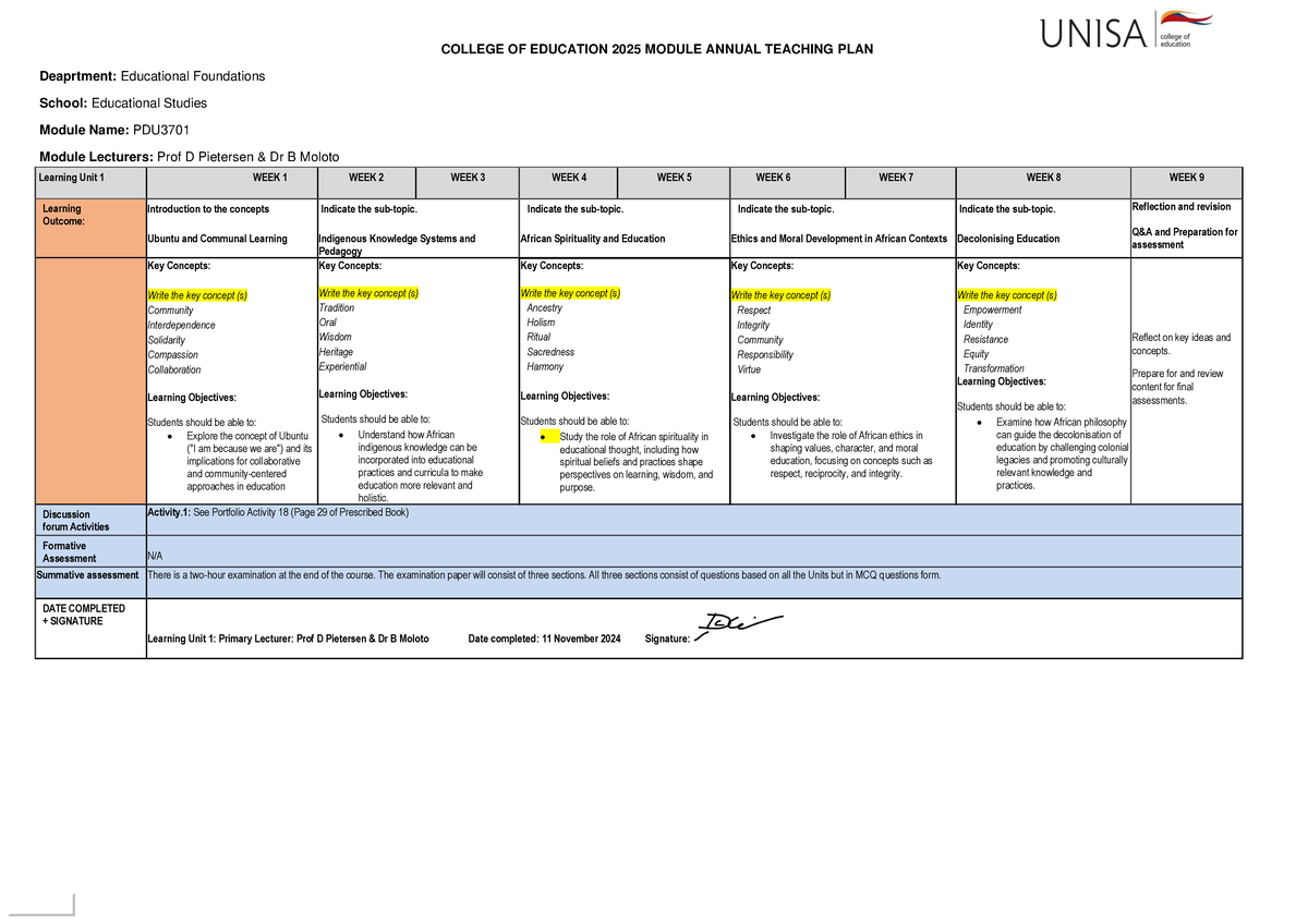 College OF Education 2025 Module Annual Teaching PLAN-PDU3701 - COLLEGE ...