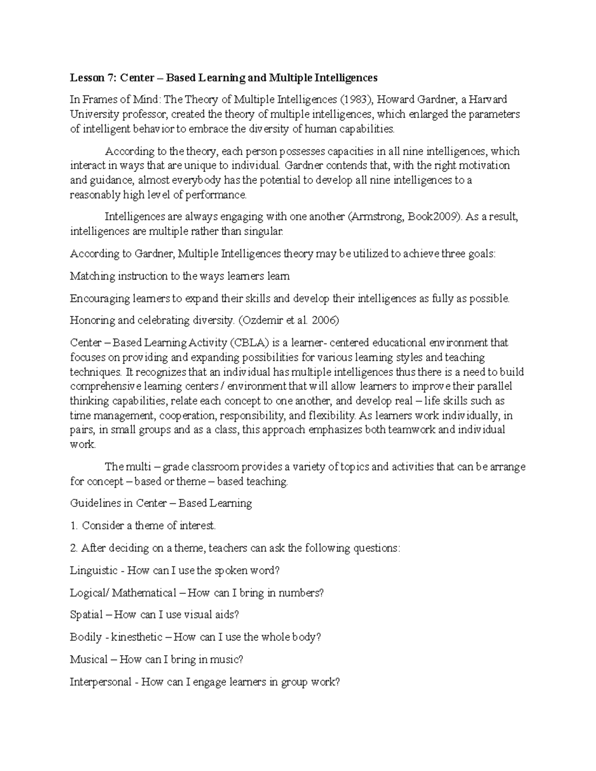 Lesson 7: Center-Based Learning & Multiple Intelligences Explained ...