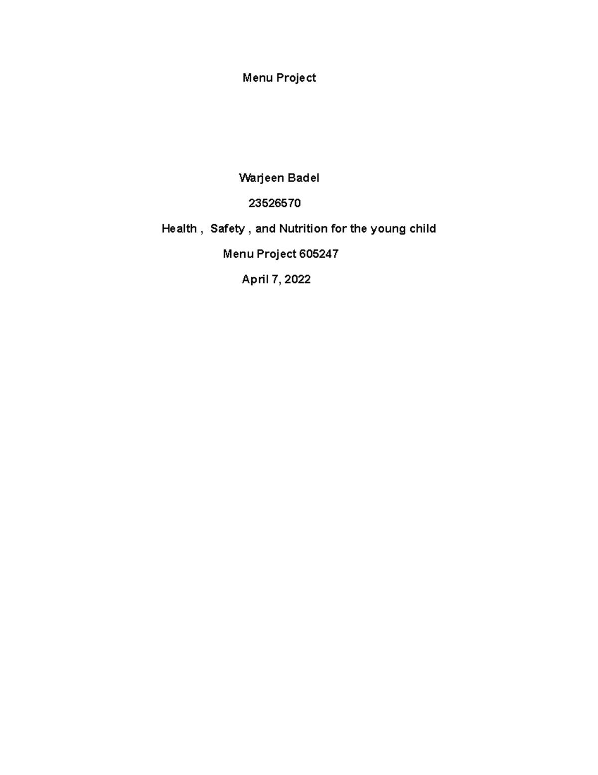 Menu Project: Health, Safety, and Nutrition for Young Children (605247 ...