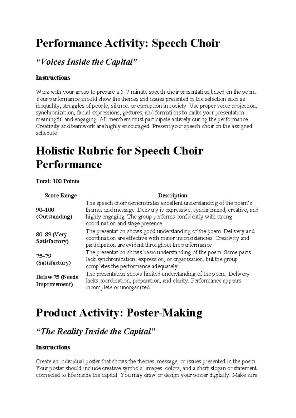Performance Activity: Speech Choir Presentation on Poem Themes - Studocu