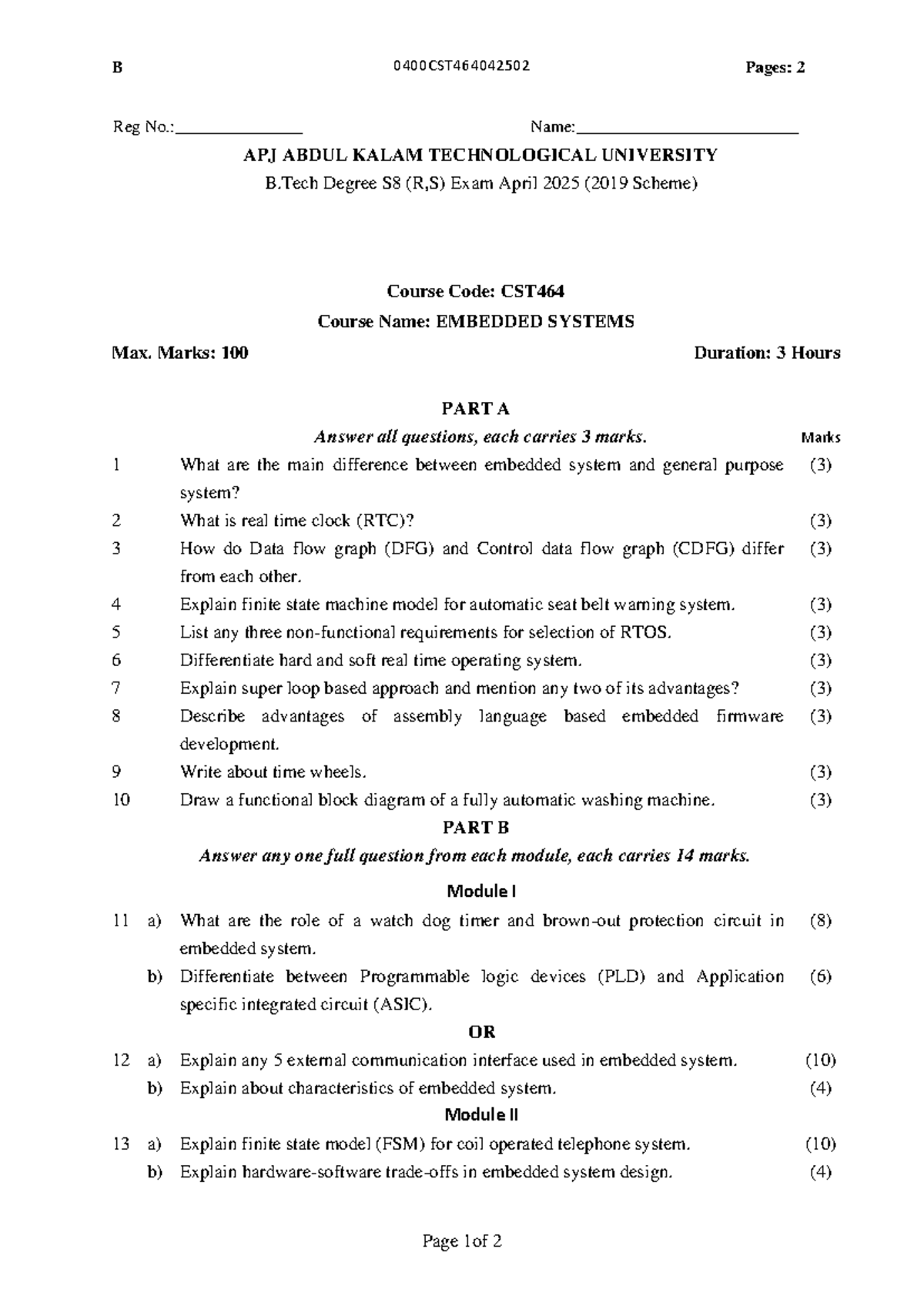 CST464 Embedded Systems S8 Exam April 2025 Question Paper - Studocu