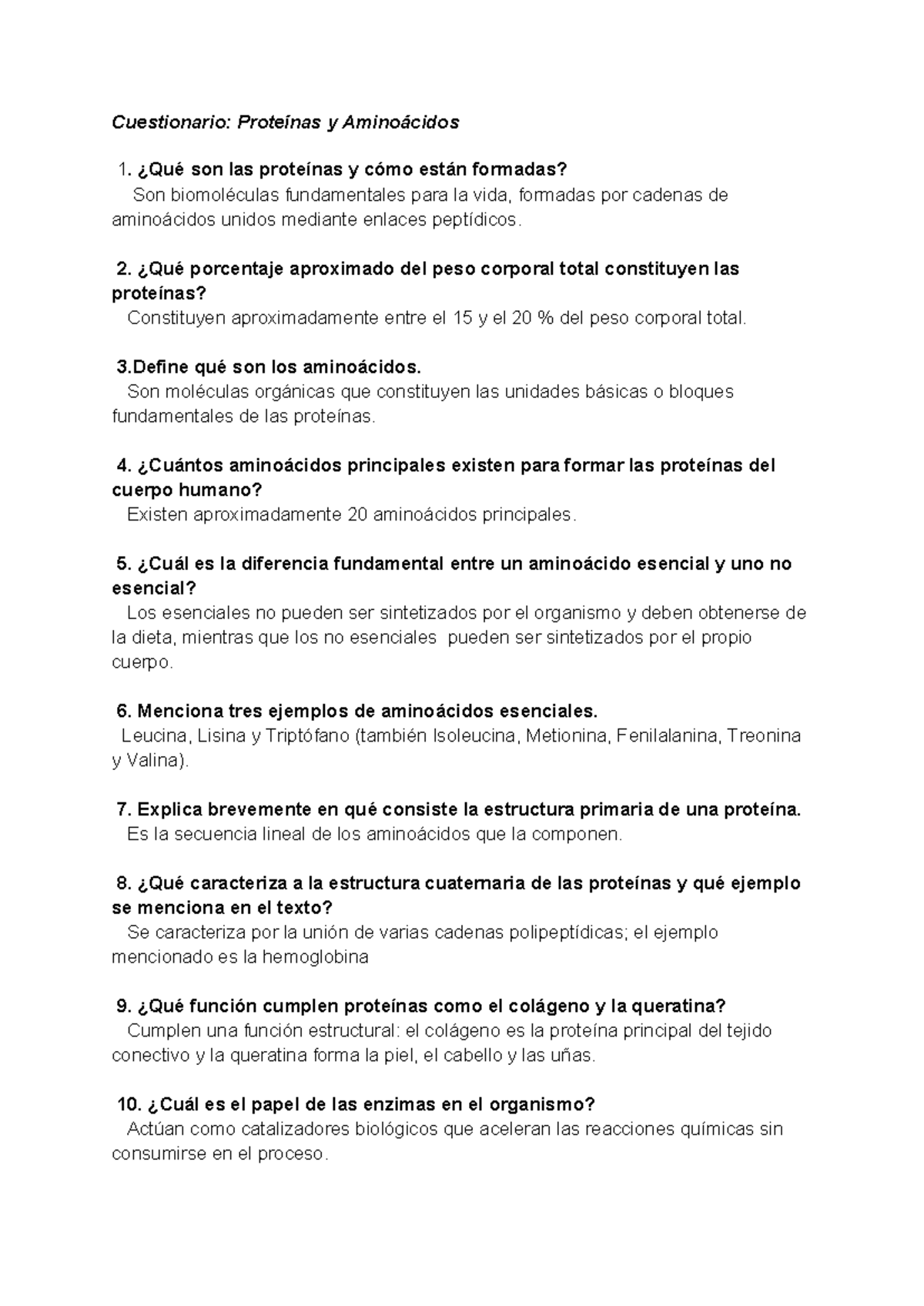 Cuestionario: Proteínas y Aminoácidos - Conceptos Clave y Funciones ...