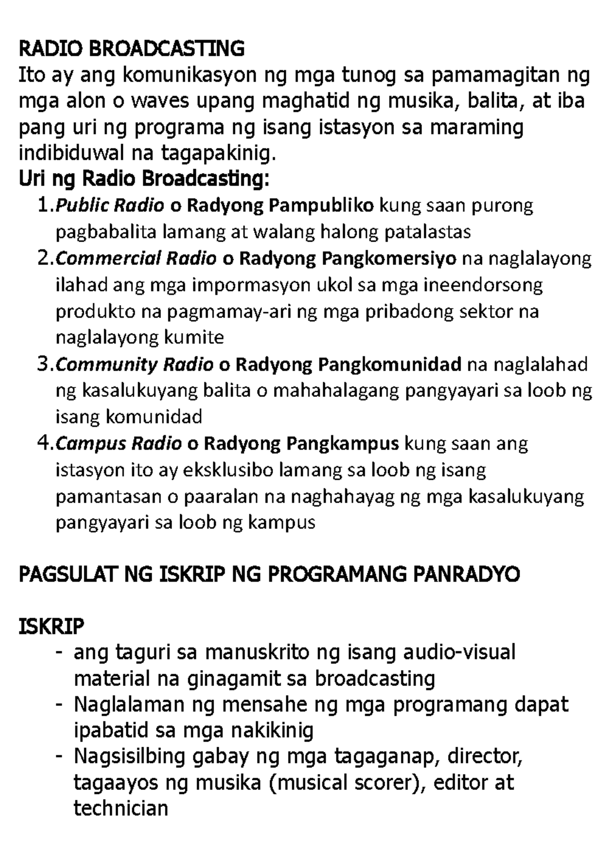 Pag-aaral ng Radio Broadcasting: Mga Uri at Pagsulat ng Iskrip - Studocu