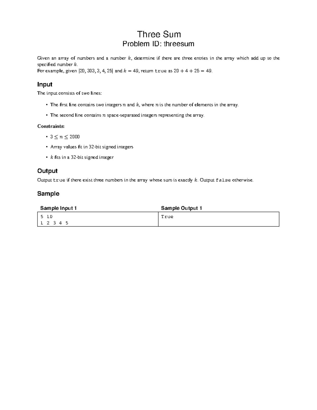 Prob-Three Sum Problem ID: threesum - Array Sum to k - Studocu