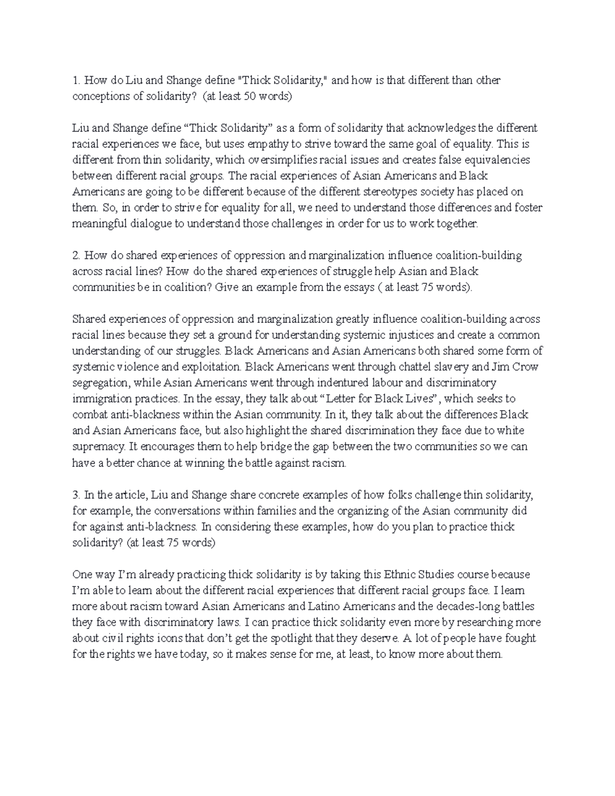 Critical Reflection on Thick Solidarity: Discussion Questions (ETHS 101 ...