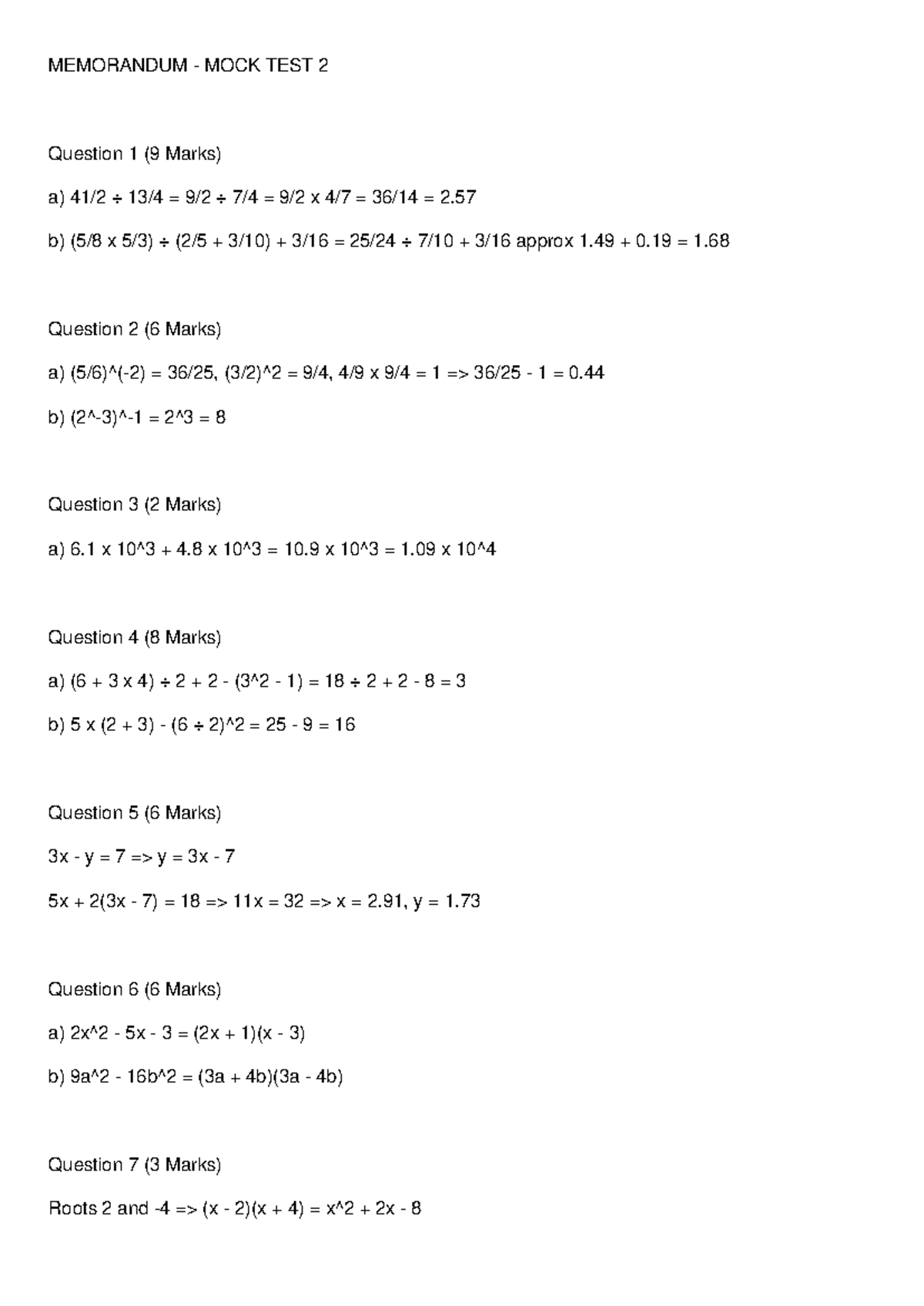 Mock Test 2 Memorandum - Detailed Solutions and Notes - Studocu