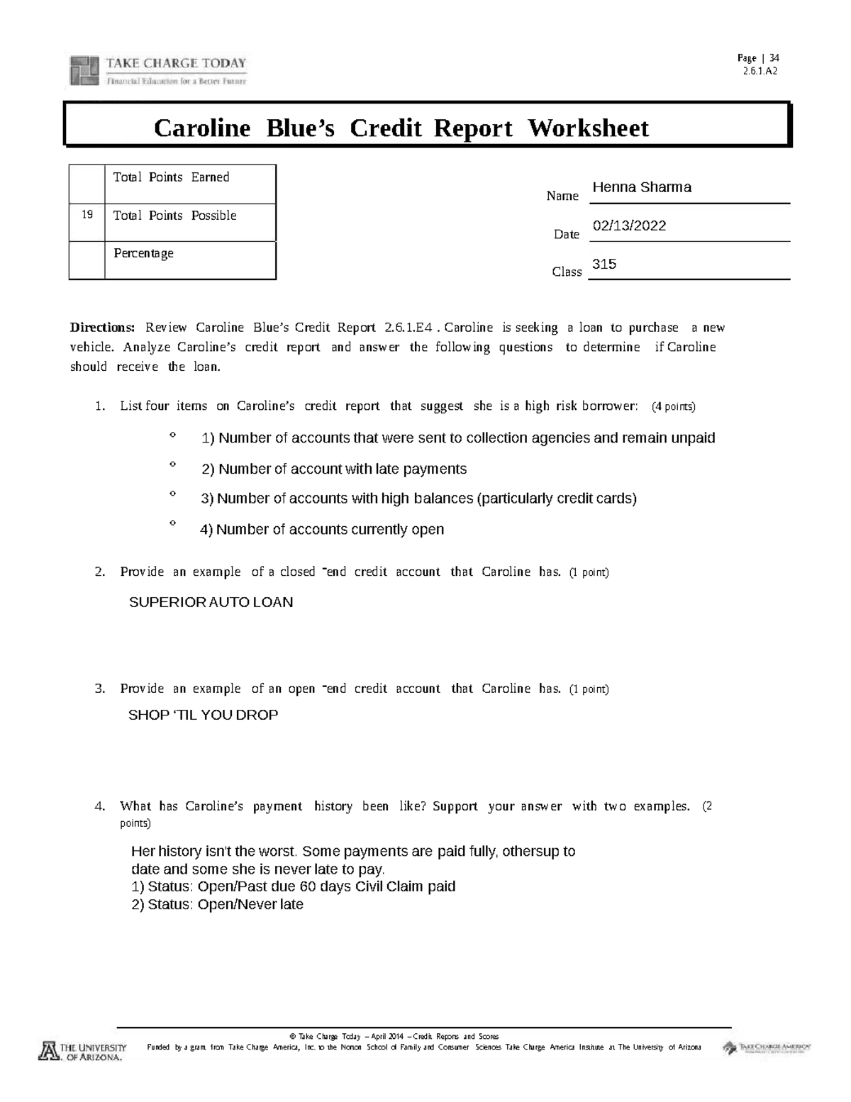Credit Report Analysis for Caroline - Worksheet 2.6.1.A2 - Studocu