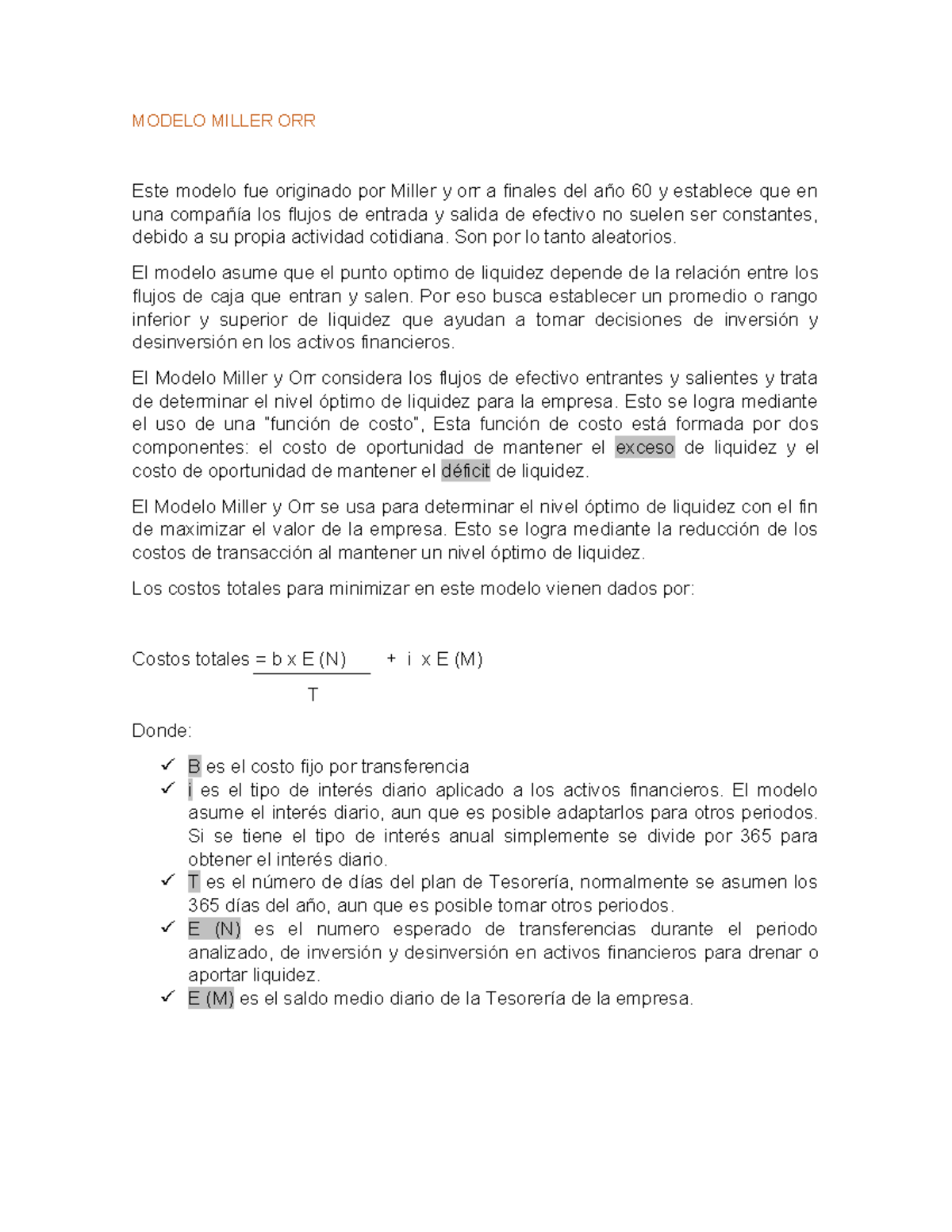Modelo Miller ORR: Análisis de Liquidez y Costos Totales - Studocu