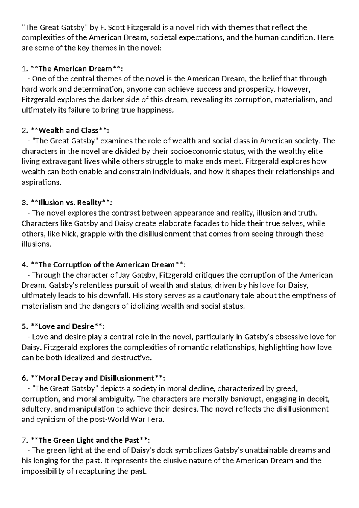 Great Gatsby Key Themes