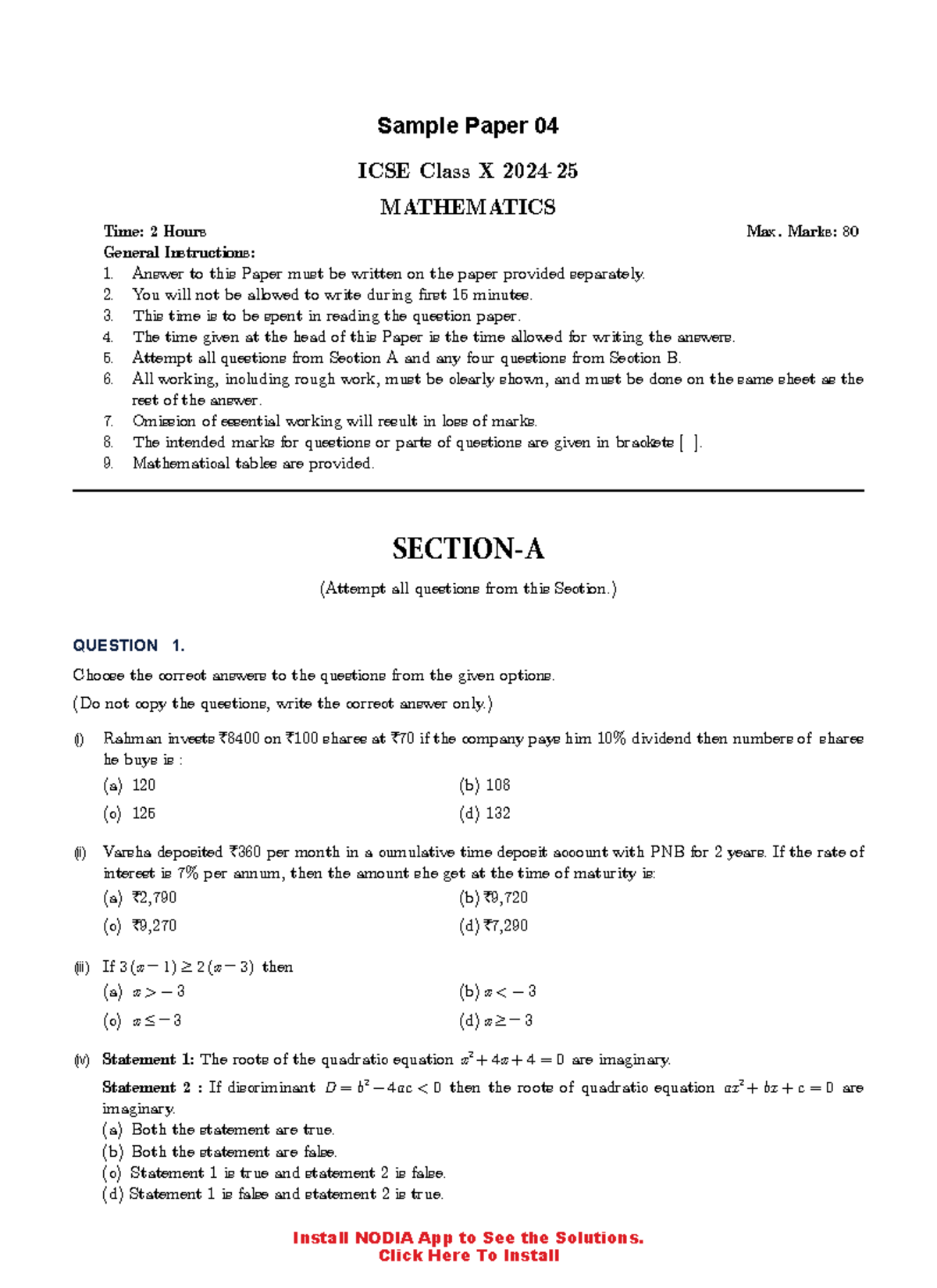 ICSE 10th Mathematics Sample Paper 04 for 2024-25 - Studocu