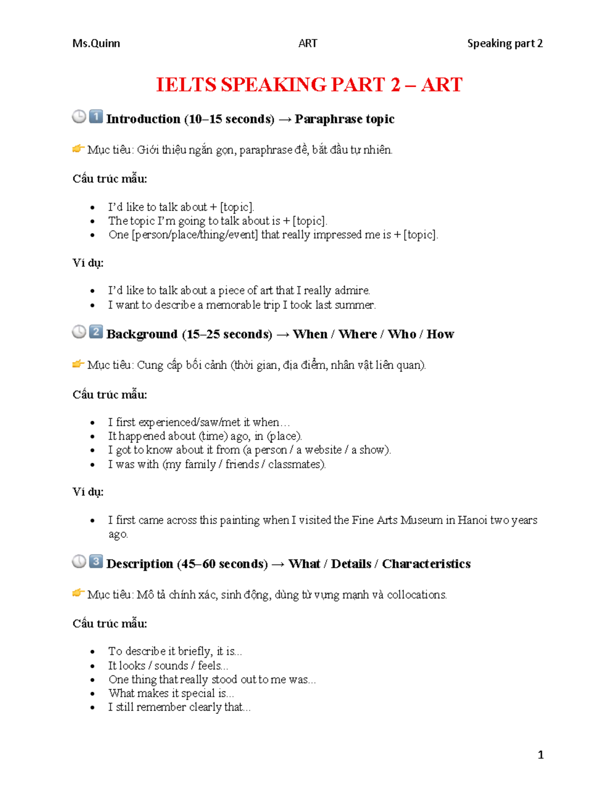 Ms. Quinn ART IELTS Speaking Part 2: Art Description & Reflection - Studocu