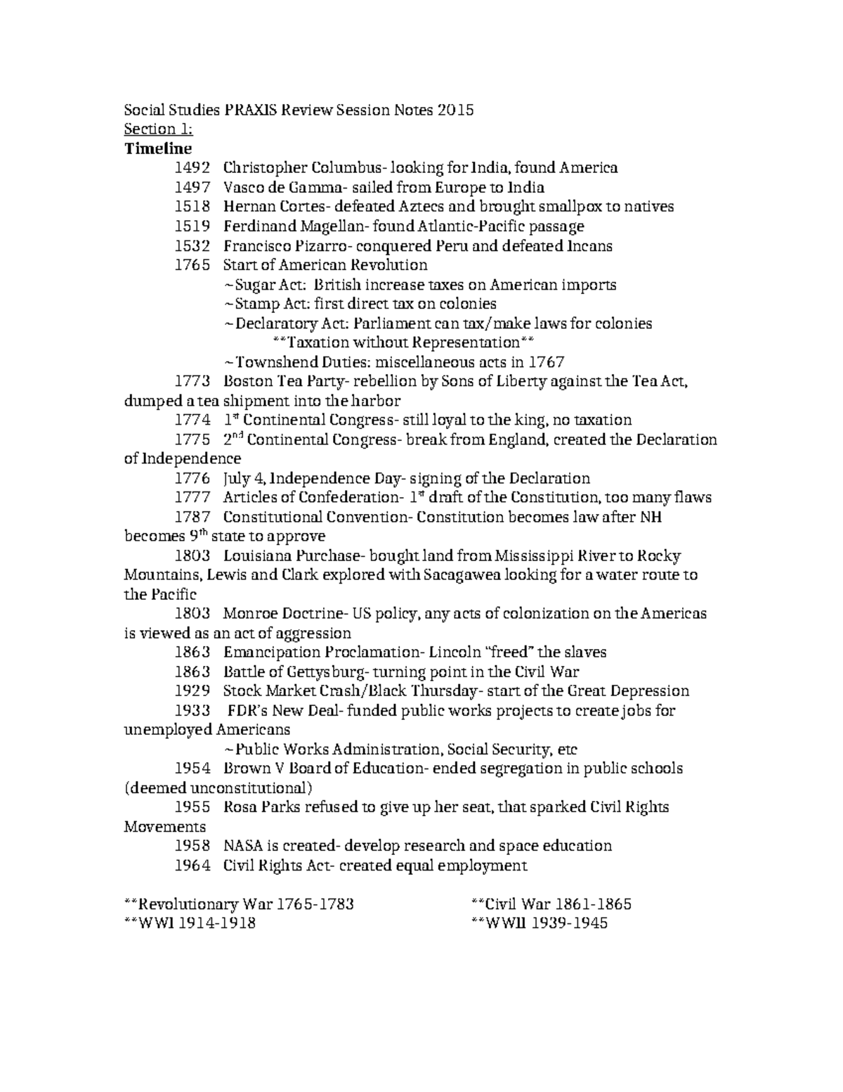 Social Studies PRAXIS 4 Review Session Notes with Key Historical Events ...
