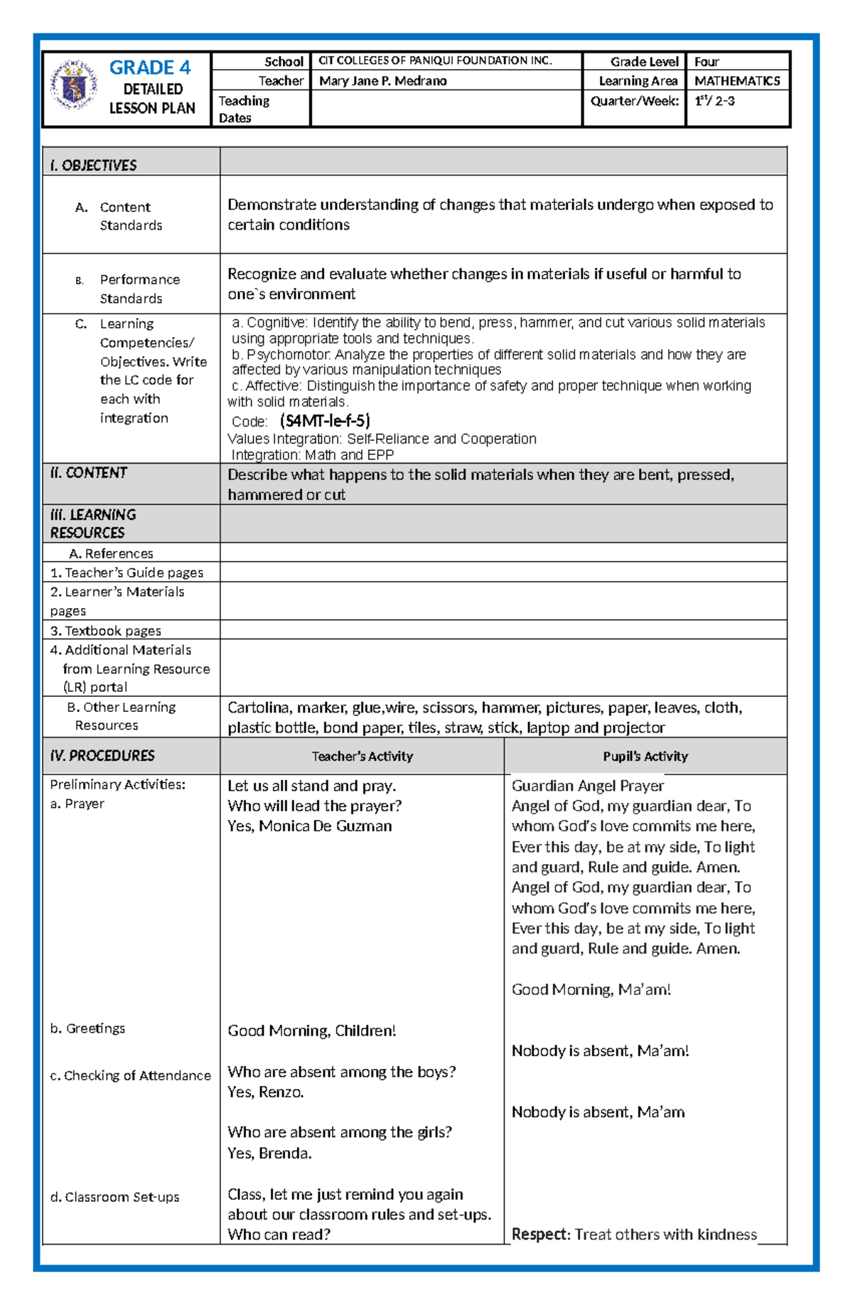 Grade 4 Science DLP: Understanding Solid Materials Changes - Studocu