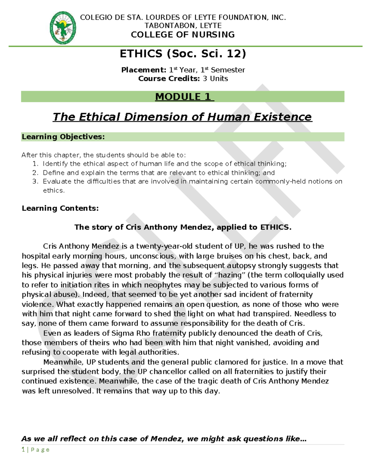 Ethics Lecture Module 1: The Ethical Dimension of Human Existence (Soc. Sci. 12) - Studocu