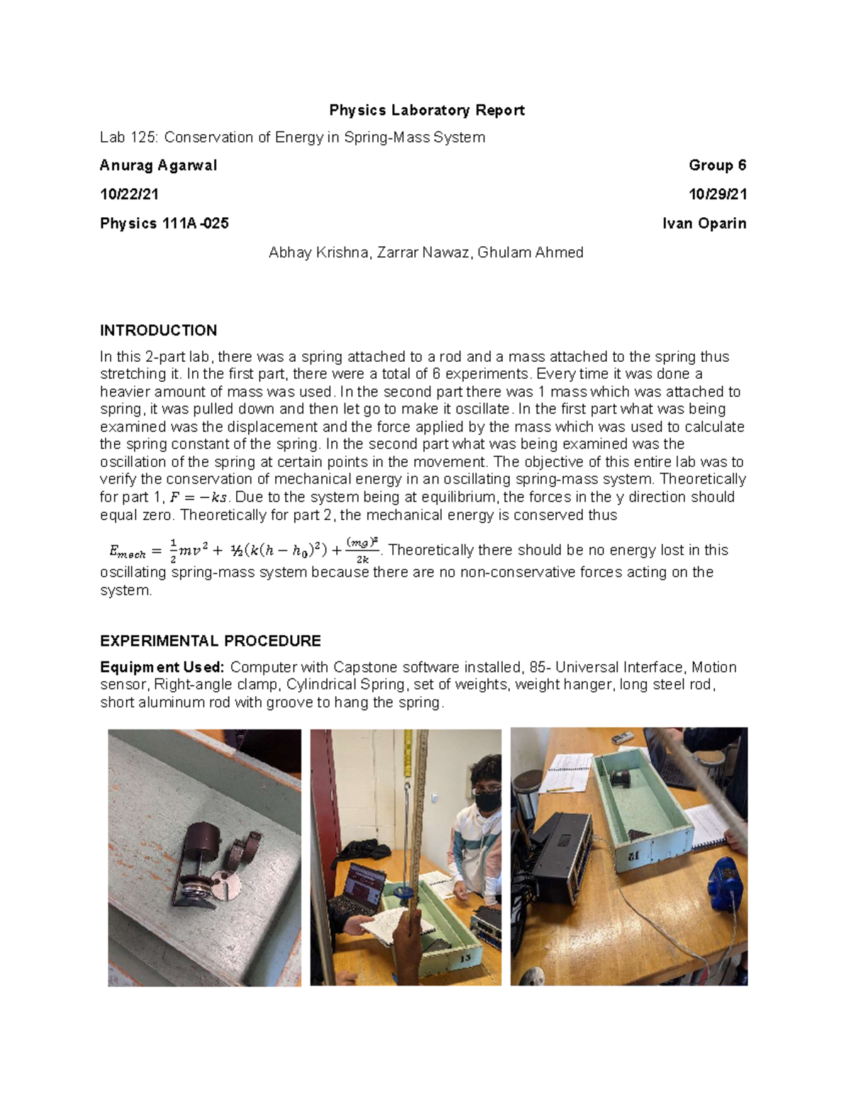 Physics Lab 7Final Copy - Physics Laboratory Report Lab 125 ...