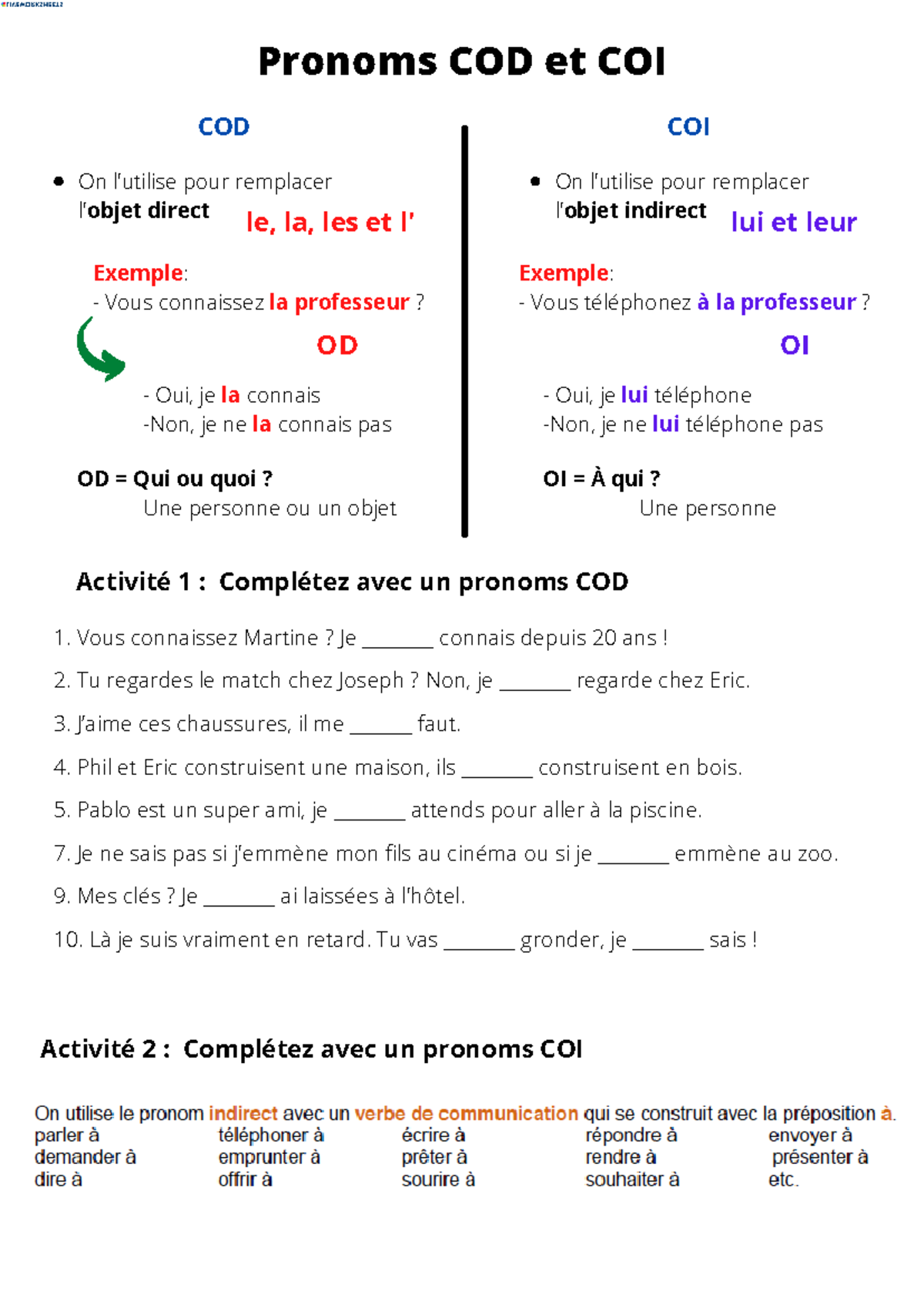 COD-COI - Direct and Indirect Objects in French Exercises - Studocu